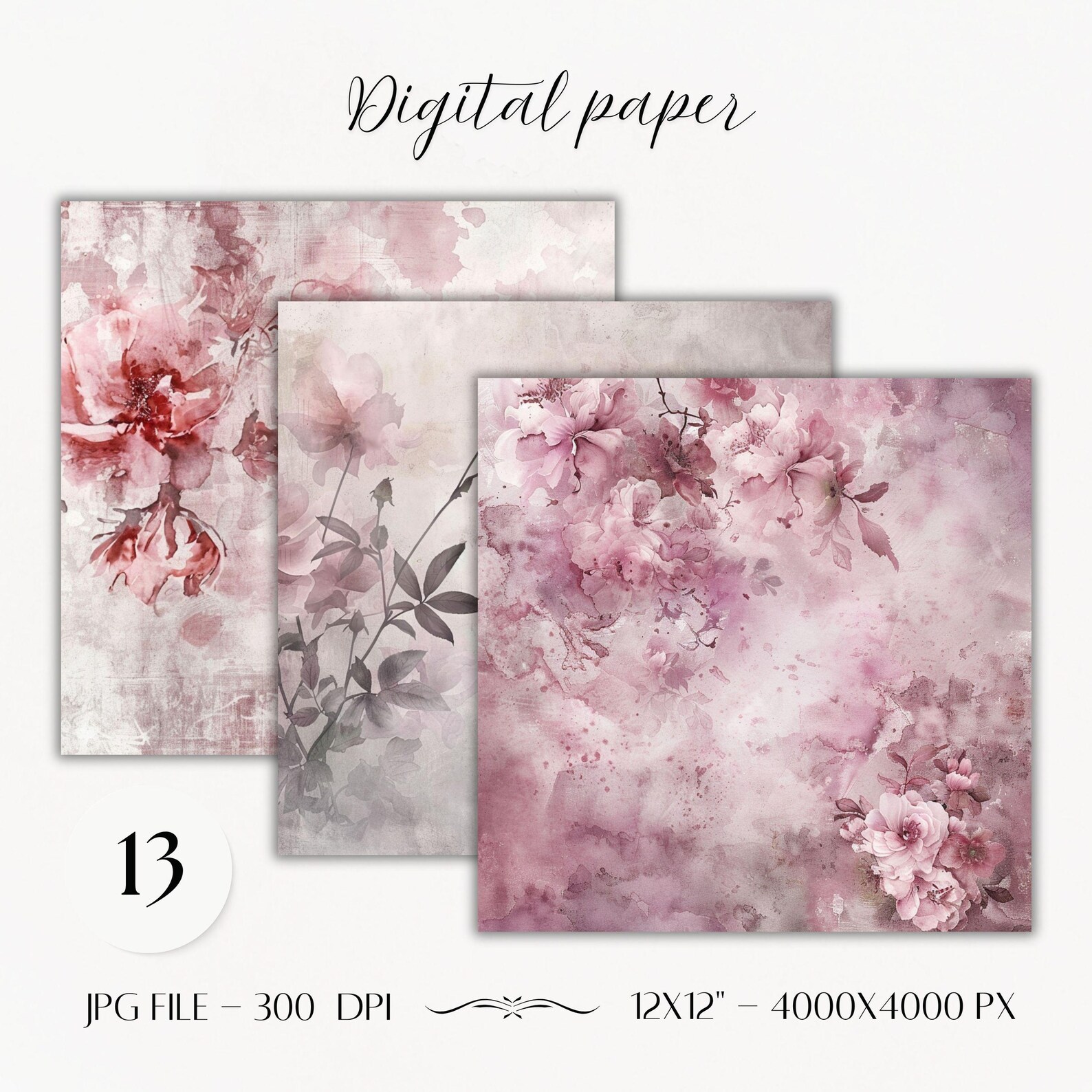 Pink Roses Flower Digital Paper Pack-13 Vintage Scrapbook Junk Journal ...