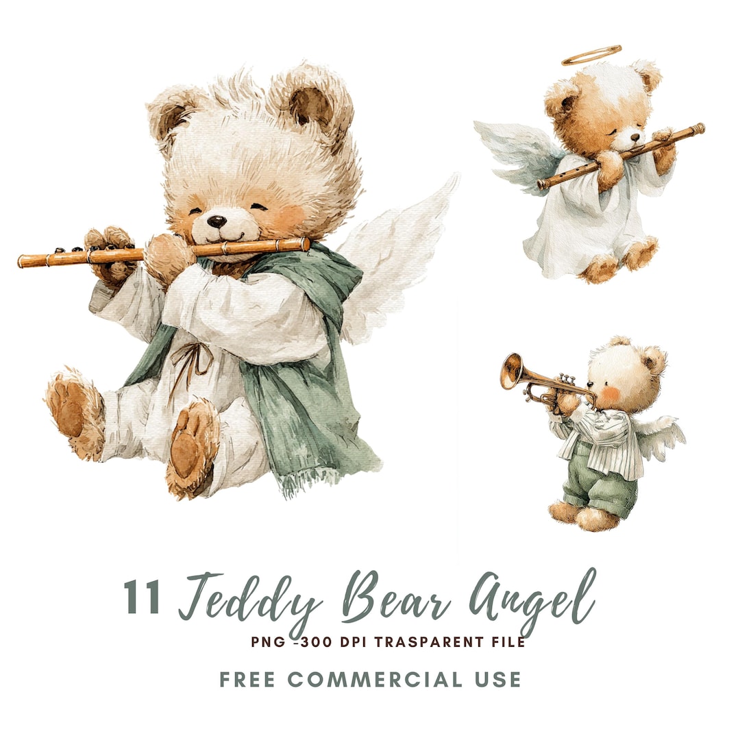 Teddy Bear Angel Clipart PNG Bundle 11 High Quality,watercolor Guardian ...
