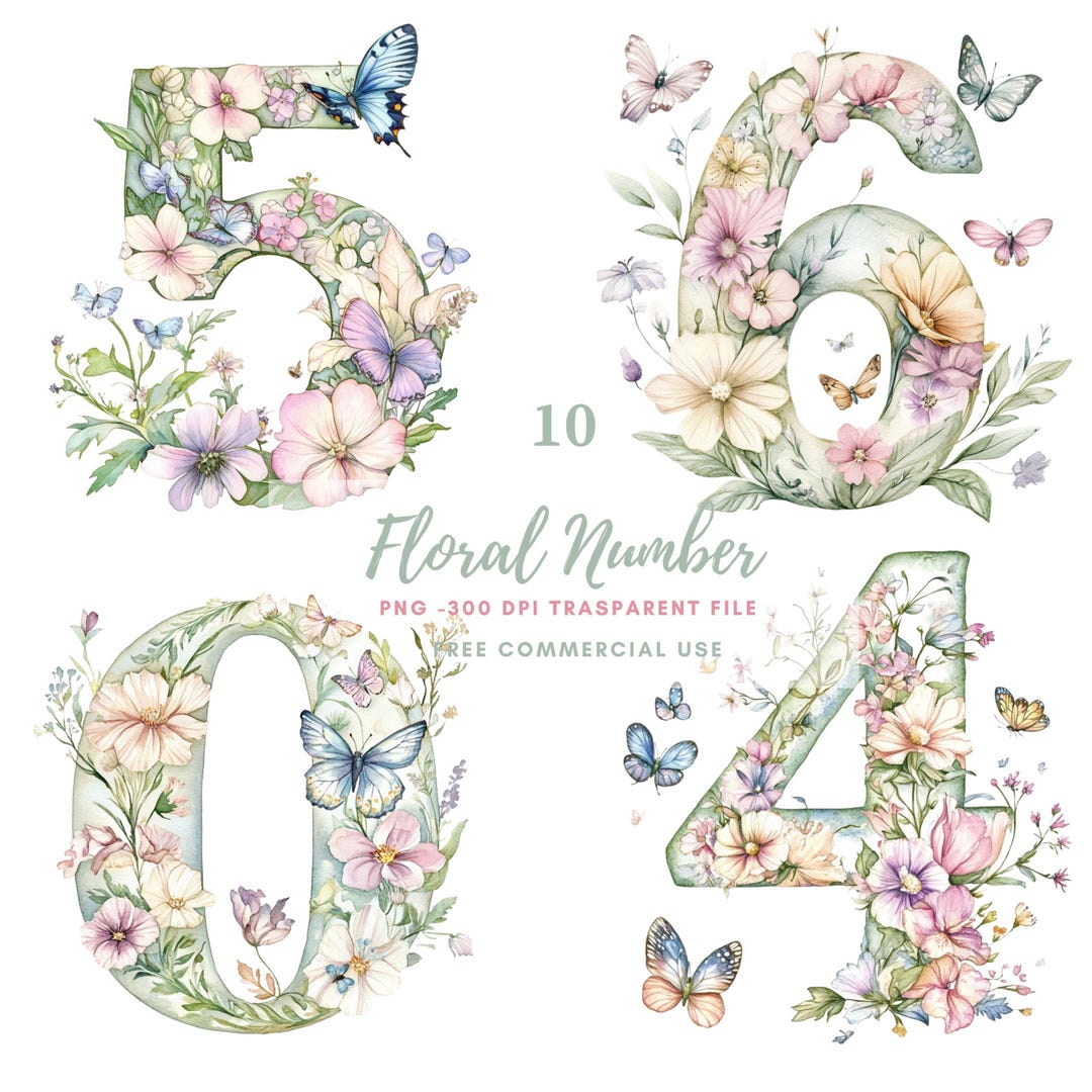 Floral Number 1-9 Clipart Bundle 10 High Quality PNG |watercolor Number ...