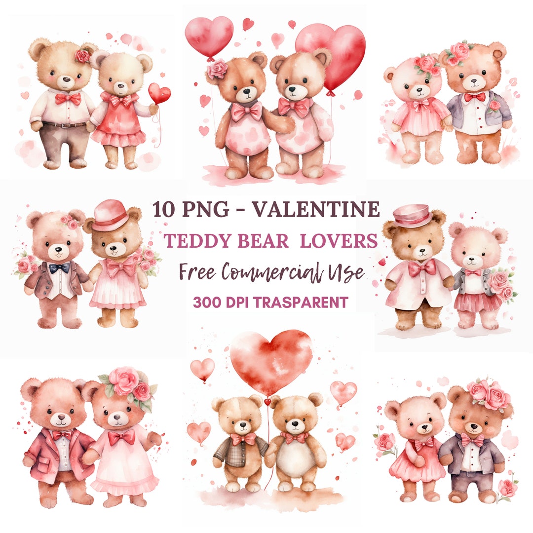 Valentine Teddy Bear Clipart PNG Bundle 10 High Quality,watercolor ...