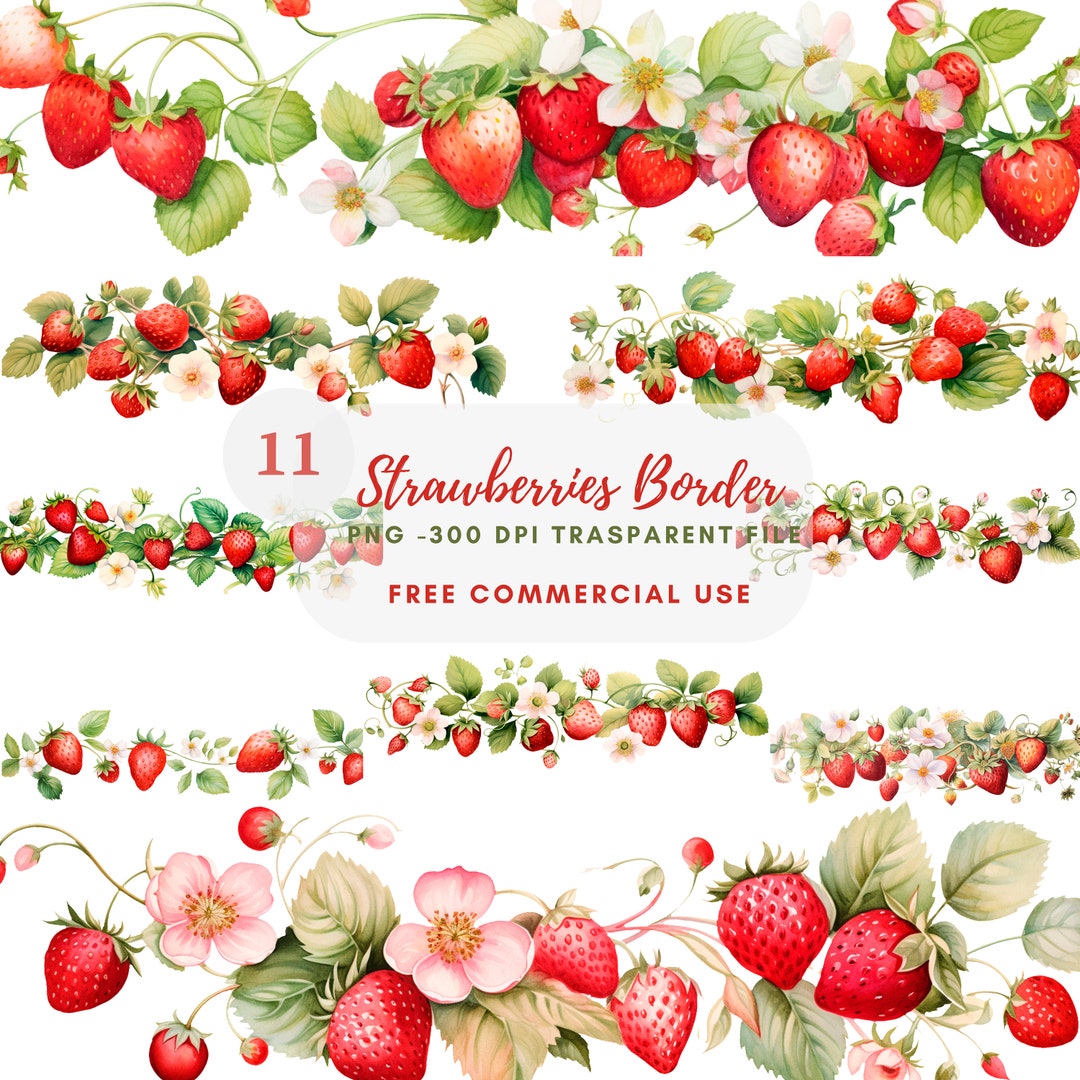 Strawberries Garland Clipart Bundle 11 High Quality PNG, Watercolor ...