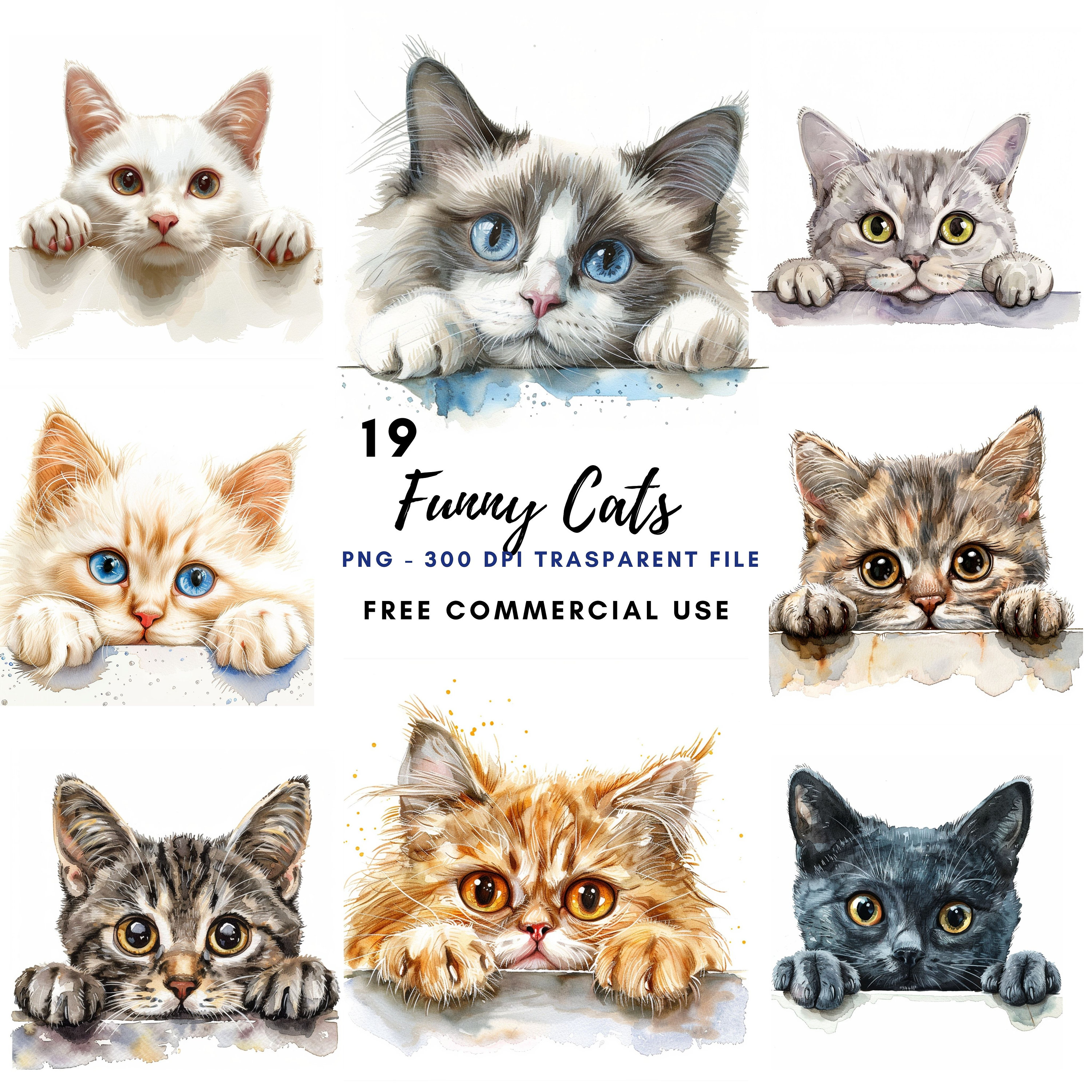 Watercolor Funny Cats Clipart PNG Bundle 19 High Quality Png,crazy Cute ...