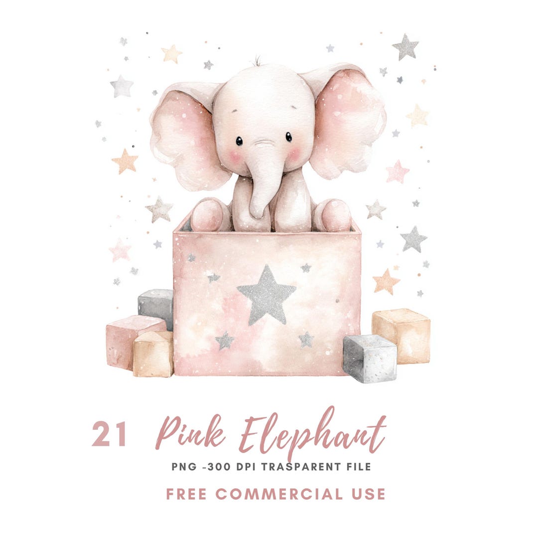 Pink Elephant Nursery Clipart PNG Bundle 21 High Quality| Watercolor ...