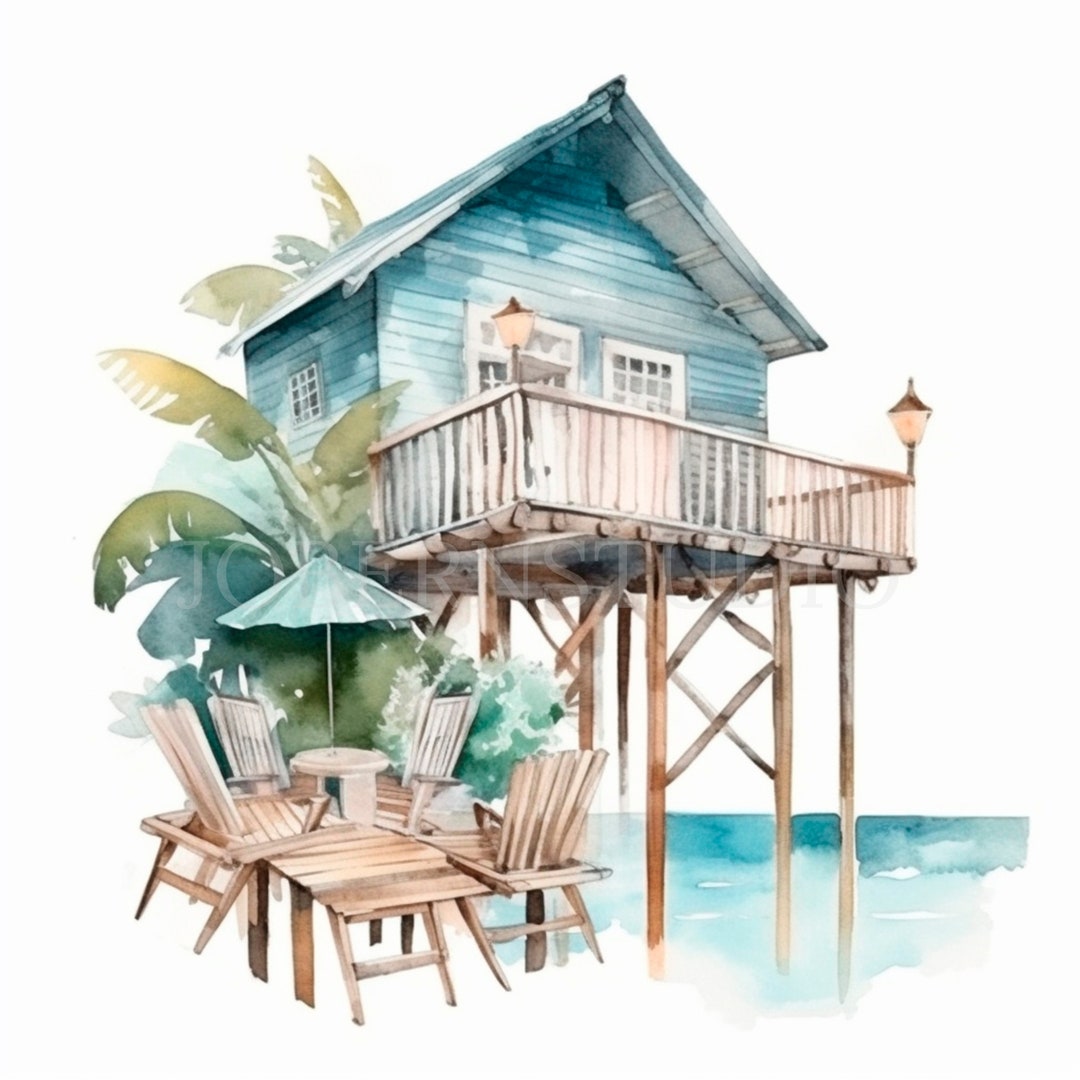 Beach House Clipart Png,bundle 20 High Quality Jpg,watercolor Landscape ...