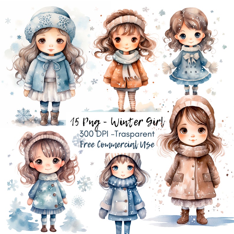 Winter Girl Watercolor Clipart PNG, 15 High Quality Jpgs,bundle Clip ...