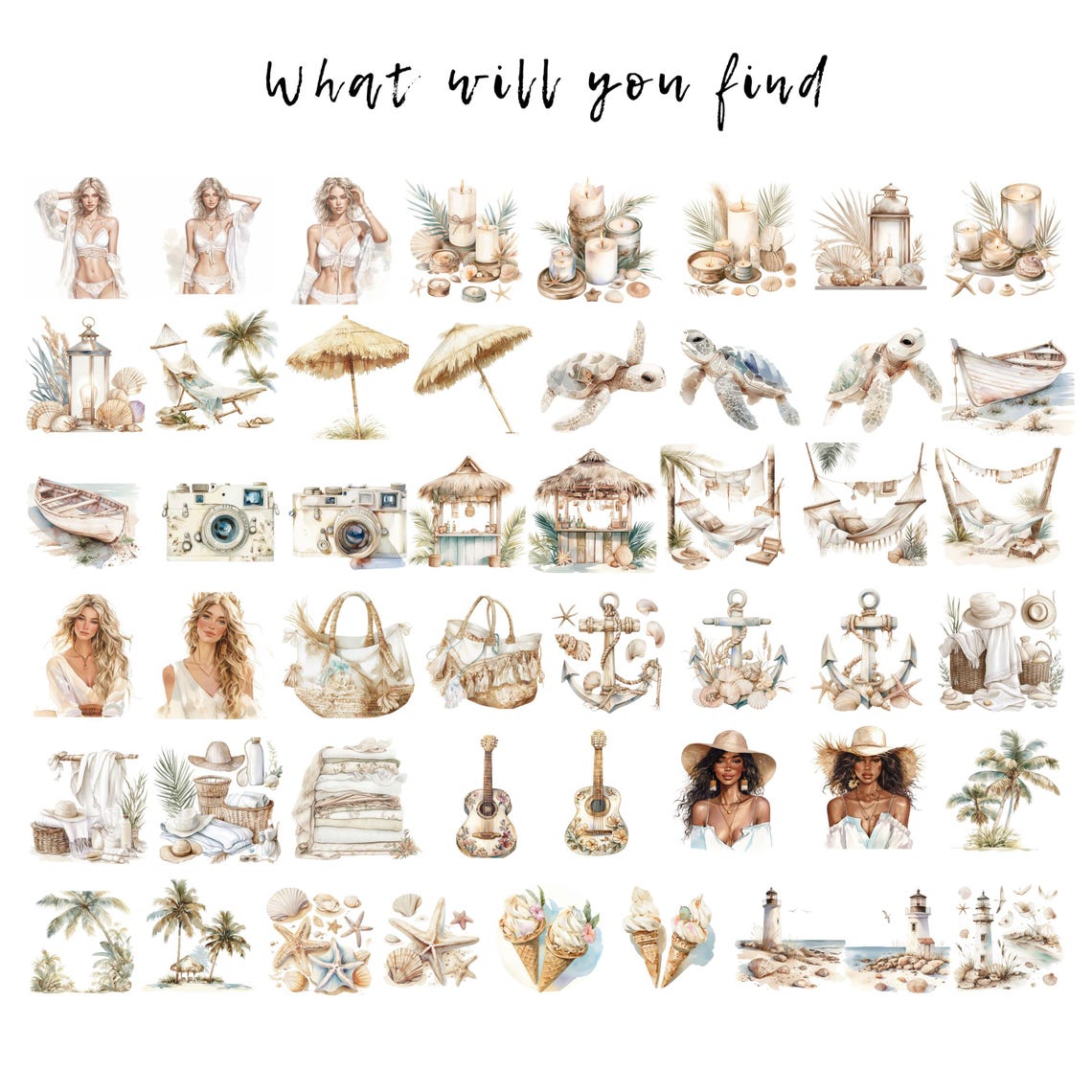 Watercolor Beach Relaxing Time Clipart PNG | Bundle 50 High Quality ...
