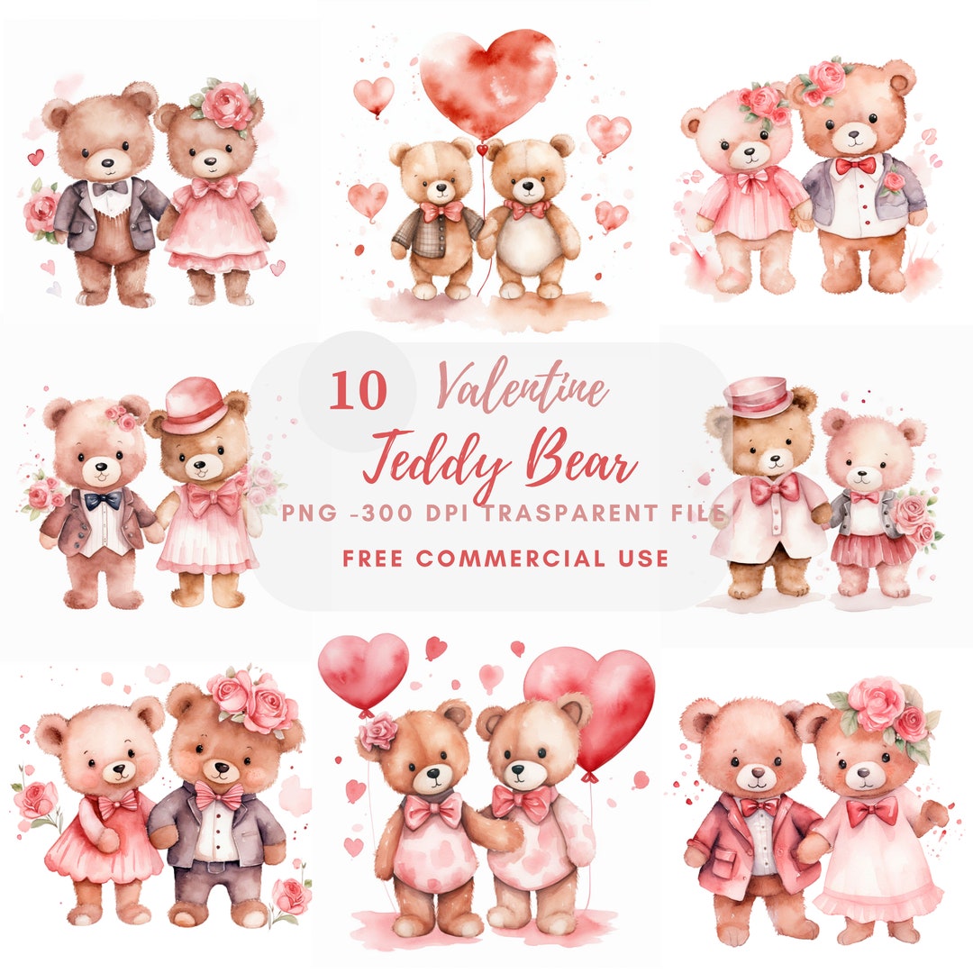 Valentine Teddy Bear Clipart PNG Bundle 10 High Quality,watercolor ...