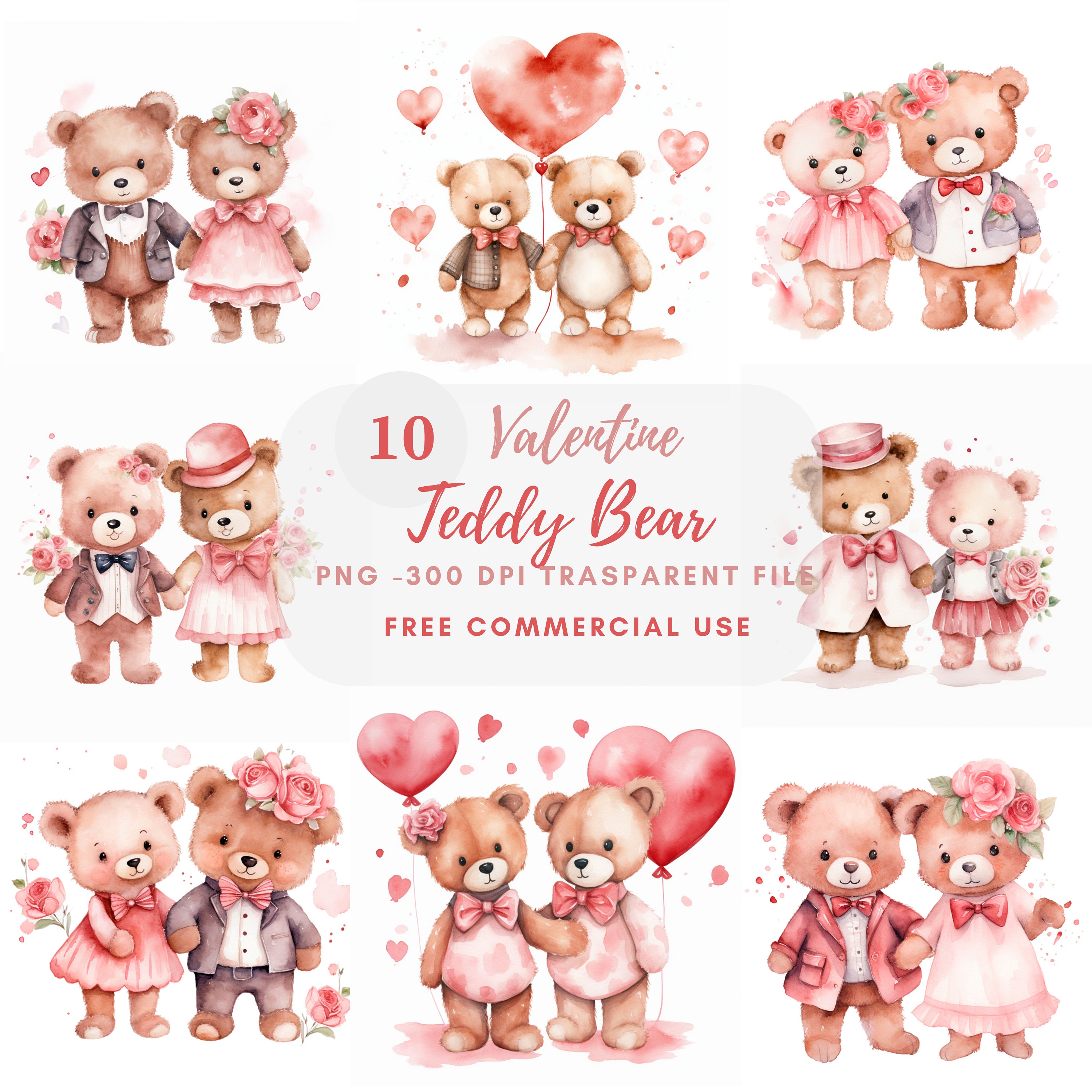 Valentine Teddy Bear Clipart PNG Bundle 10 High Quality,watercolor ...