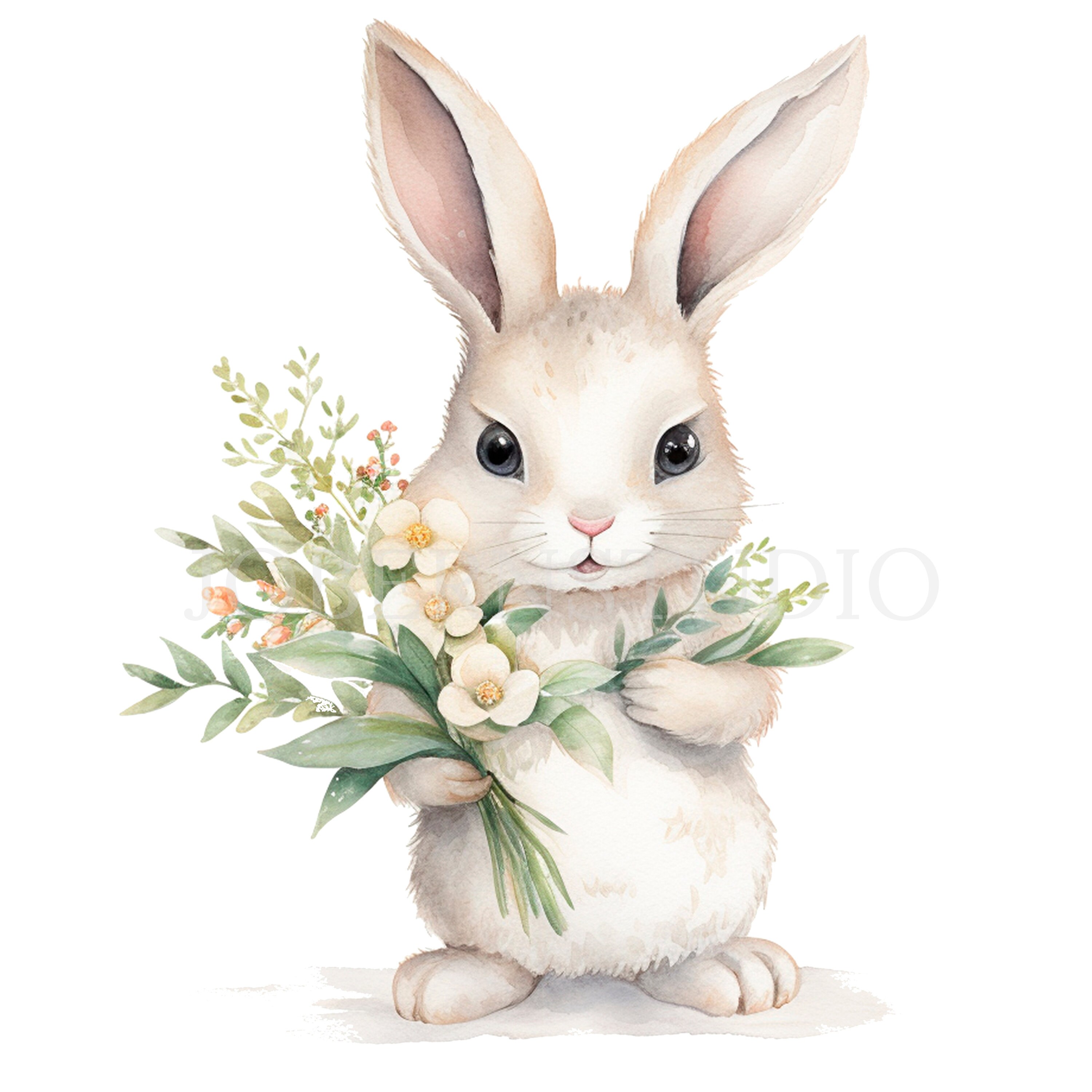 Bunny With Flower Clipart PNG Bundle 10 High Quality JPG, Watercolor ...