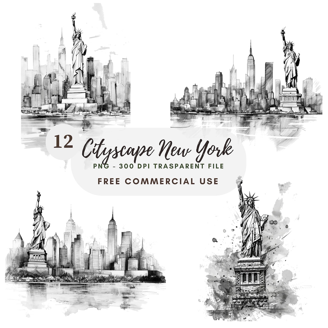 New York Skyline Clipart Png,bundle 12 High Quality,cityscape Black Ink ...