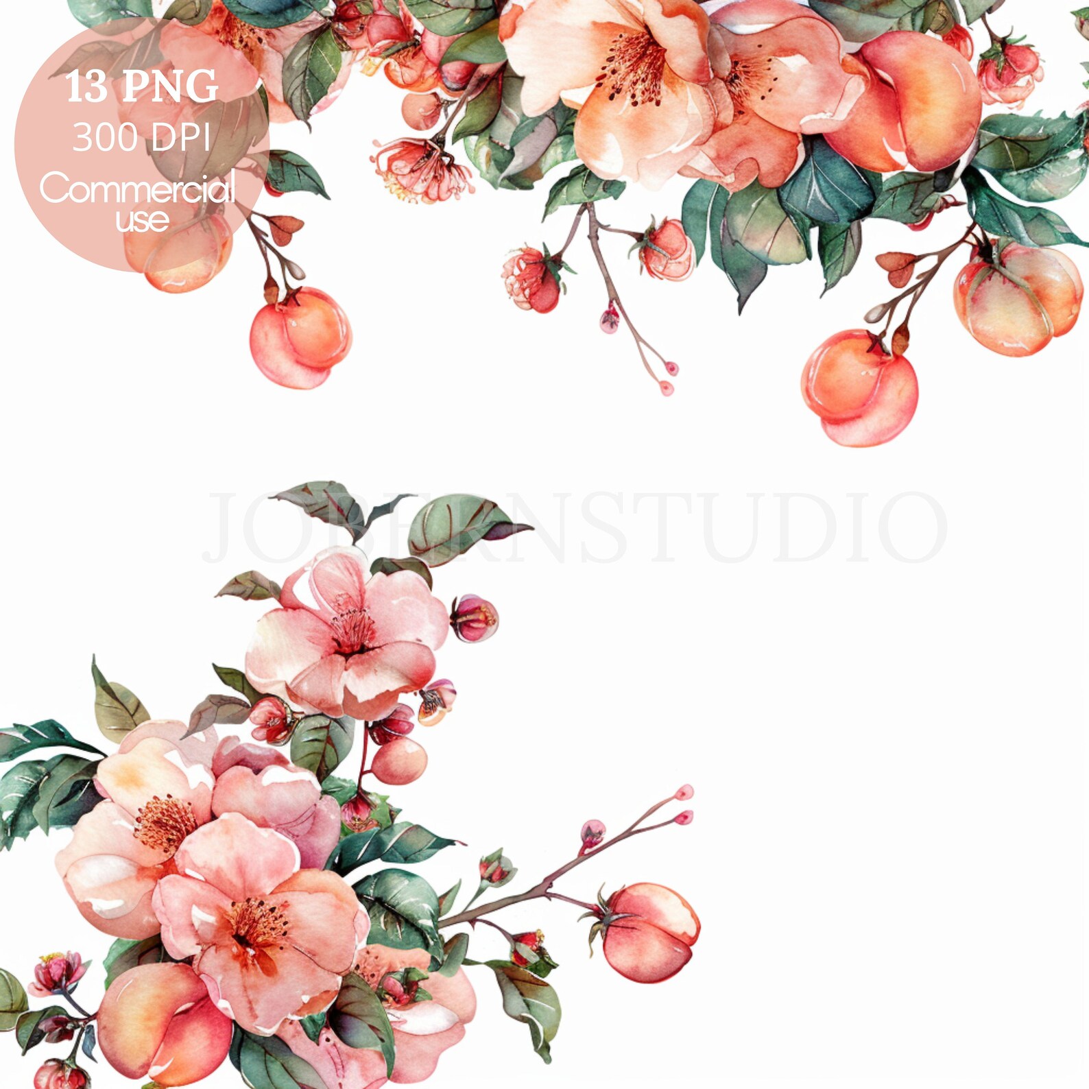 Peach Flower Garland Clipart Bundle 13 High Quality Png,watercolor ...