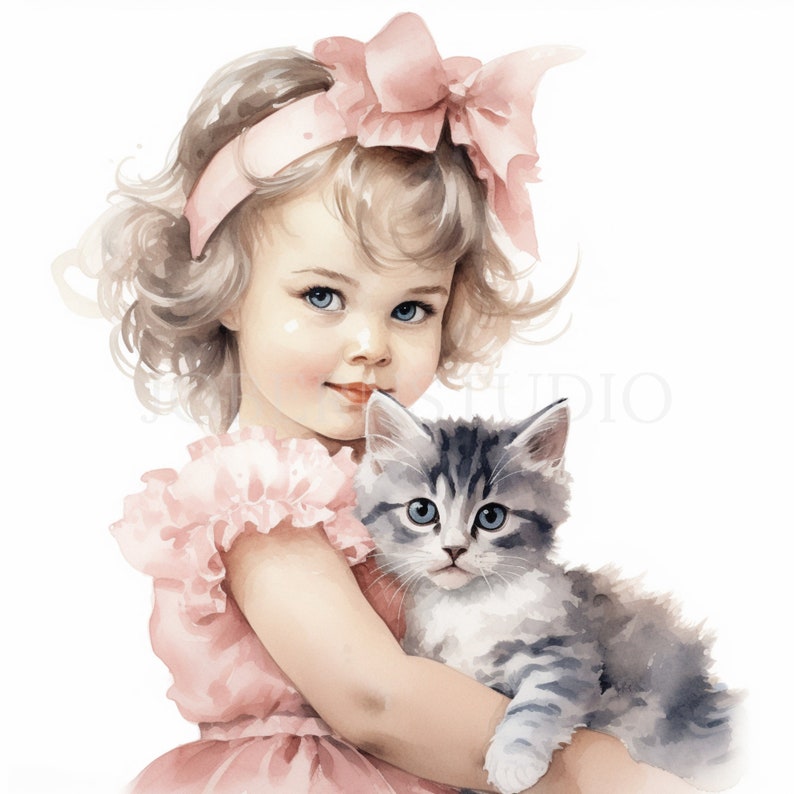 Watercolor Retro Baby With Cat Clipart Png,bundle 15 High Quality Jpg ...