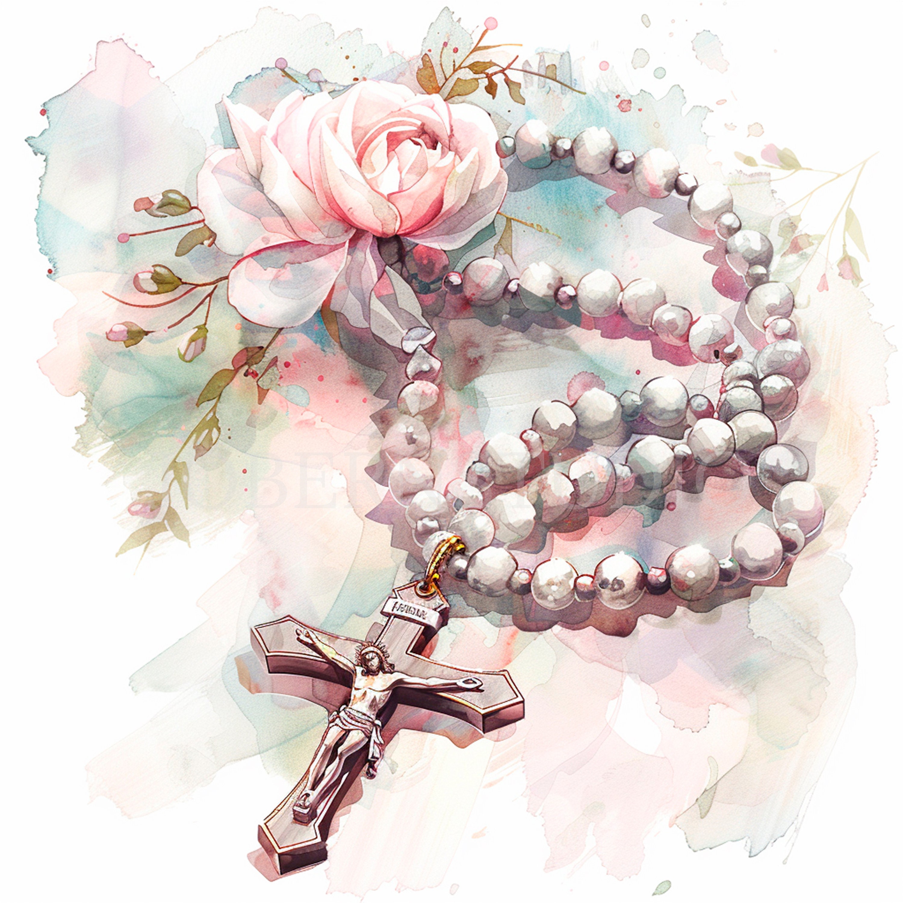 Flower Rosary Clipart Bundle 14 High Quality Png,pink Cross Watercolor ...