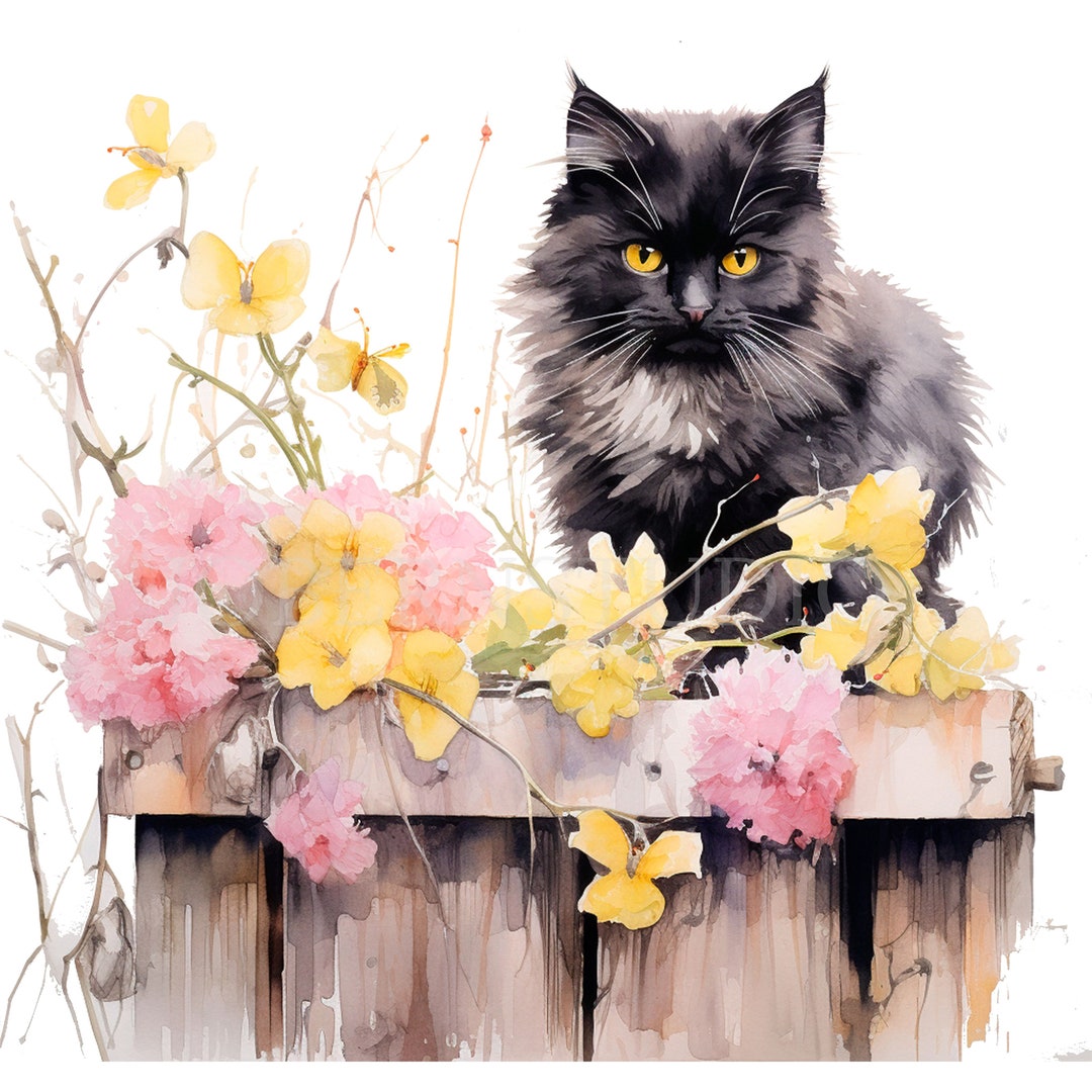 Cat and Flower Clipart PNG Bundle 13 High Quality JPG, Watercolor Funny ...
