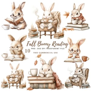 Bunny With Book Clipart PNG Bundle 10 High Quality, Watercolor Rabbit ...