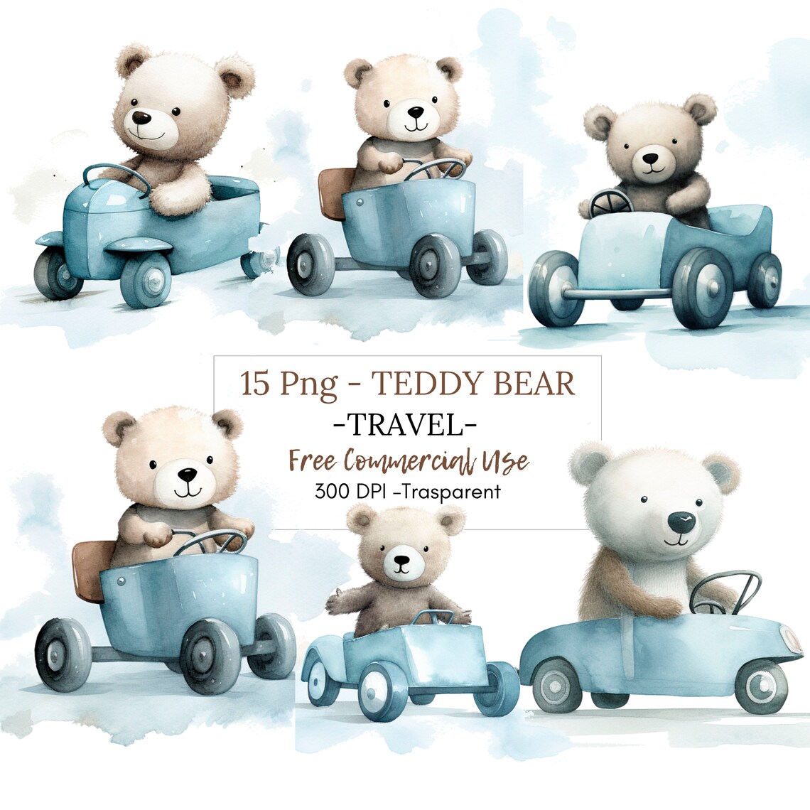 Teddy Bear Travel Watercolor Clipart PNG,15 High Quality Jpg,bundle ...