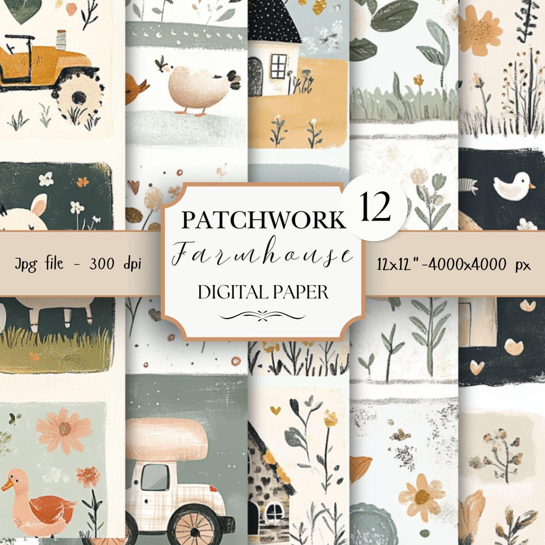 Farmhouse Patchwork Digital Paper Pack -12 Scrapbook Junk Journal ...
