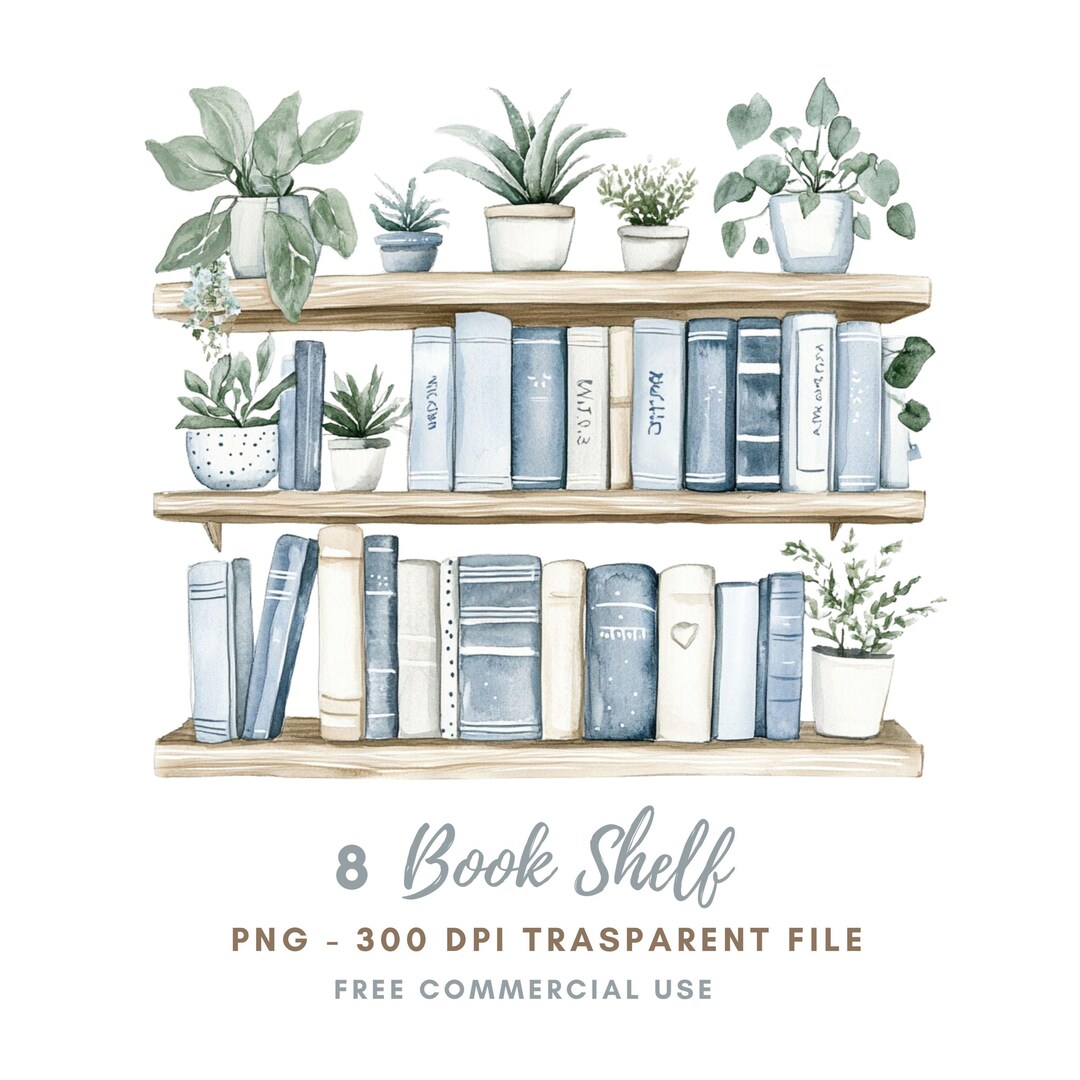 Bookshelf Clipart, Bundle 8 High Quality Png,watercolor Blue Bookcase ...