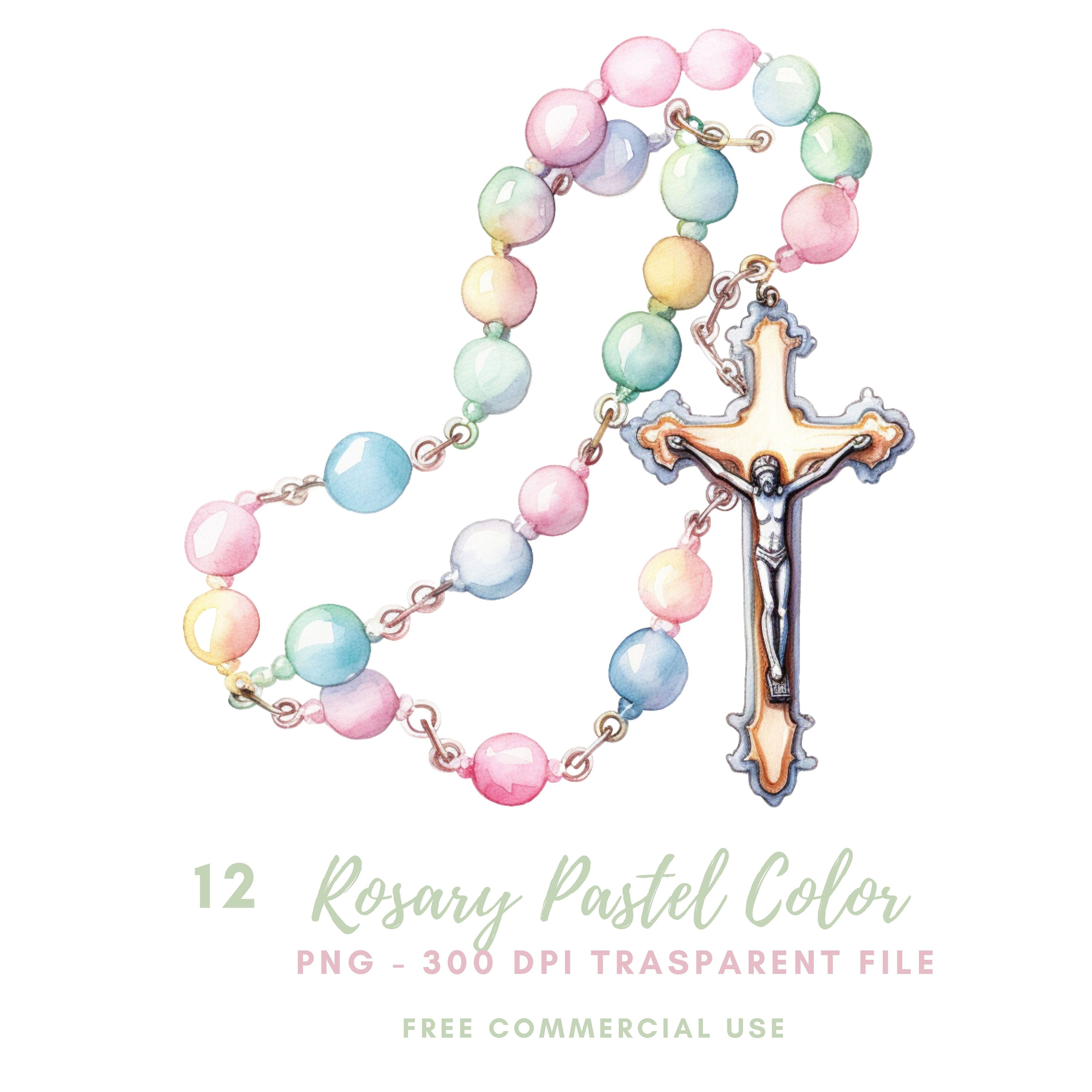 Pastel Color Rosary Clipart Bundle 15 High Quality Png,cross Watercolor ...
