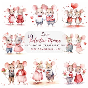 Valentine Mouse Clipart PNG Bundle 10 High Quality Jpg,watercolor ...