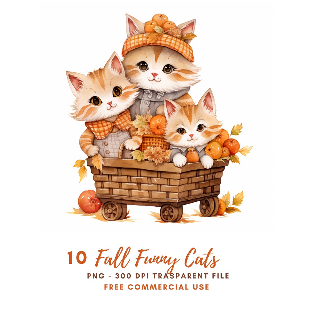 Funny Autumn Cat Clipart PNG Bundle 11 High Quality PNG, Watercolor ...