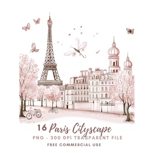 Paris Cityscape Clipart Png,bundle 16 High Quality,watercolor Pink City ...