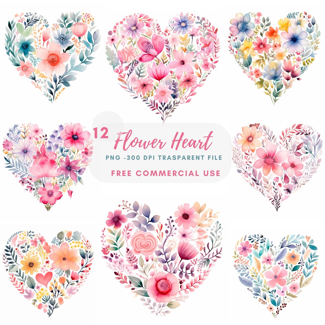 Flower Heart Clipart Bundle 12 High Quality PNG, Watercolor Garland ...