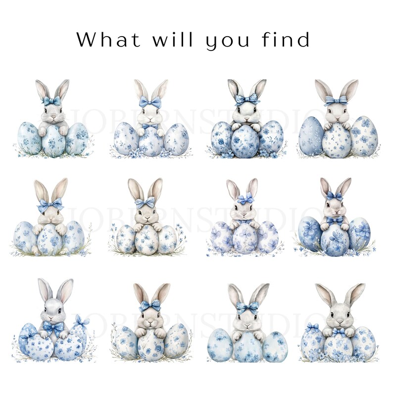 Easter Bunny Blue Clipart PNG Bundle 12 High Quality| Watercolor Bunny ...