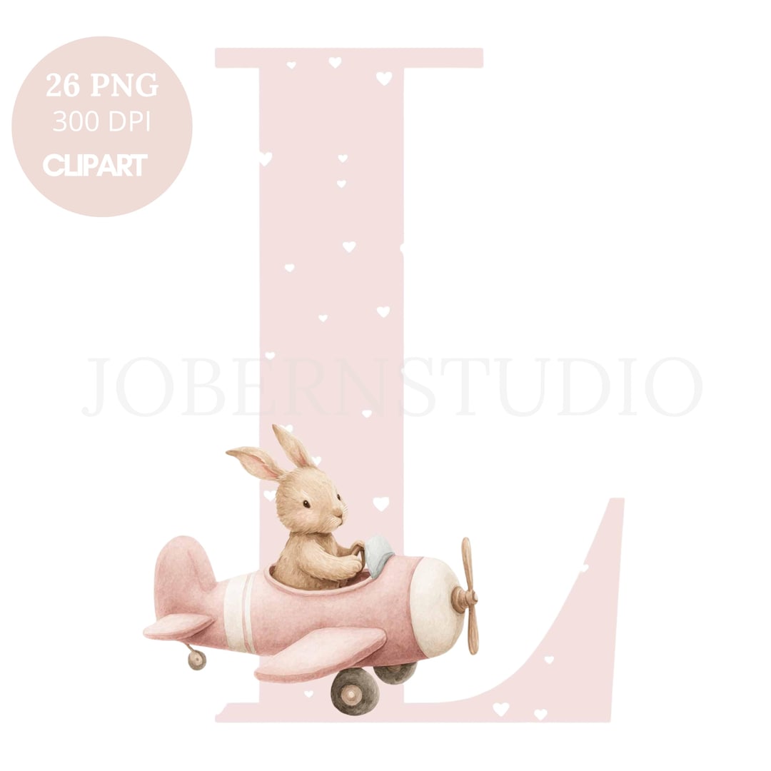 Nursery Pink Alphabet Letter Clipart Bundle 26 PNG, Watercolor Bunny ...