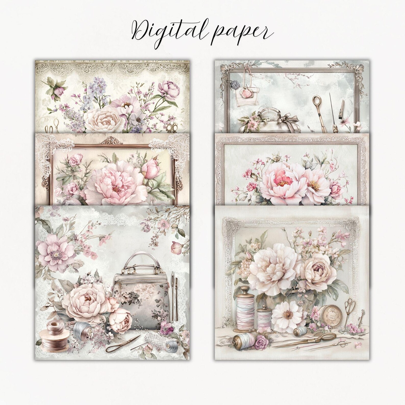 Shabby Chic Digital Paper Pack -15 Sewing Pages Scrapbook Junk Journal ...