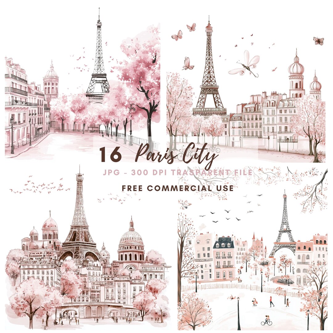 Paris Cityscape Clipart Png,bundle 16 High Quality,watercolor Pink City ...