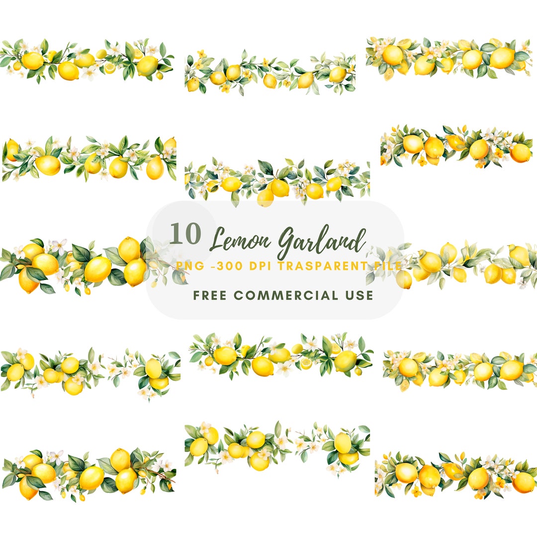 Lemon Garland Clipart Bundle 10 High Quality PNG, Watercolor Fruit ...