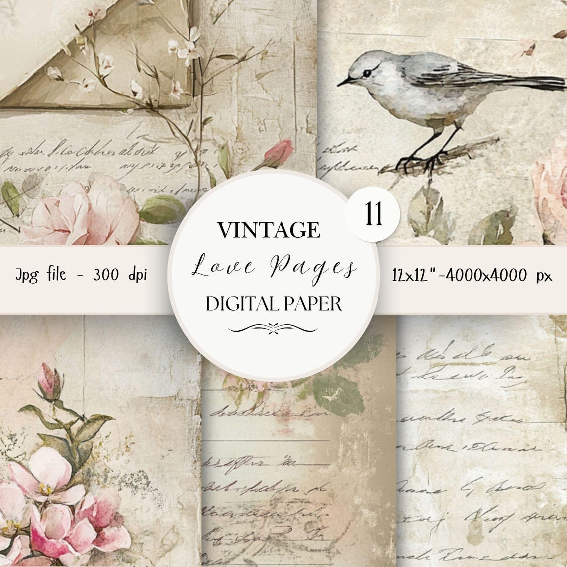 Shabby Chic Digital Paper Pack -11 Love Pages Scrapbook Junk Journal ...