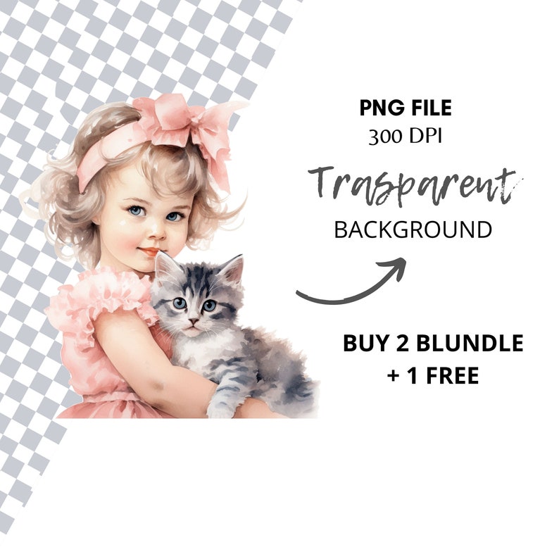 Watercolor Retro Baby With Cat Clipart Png,bundle 15 High Quality Jpg ...