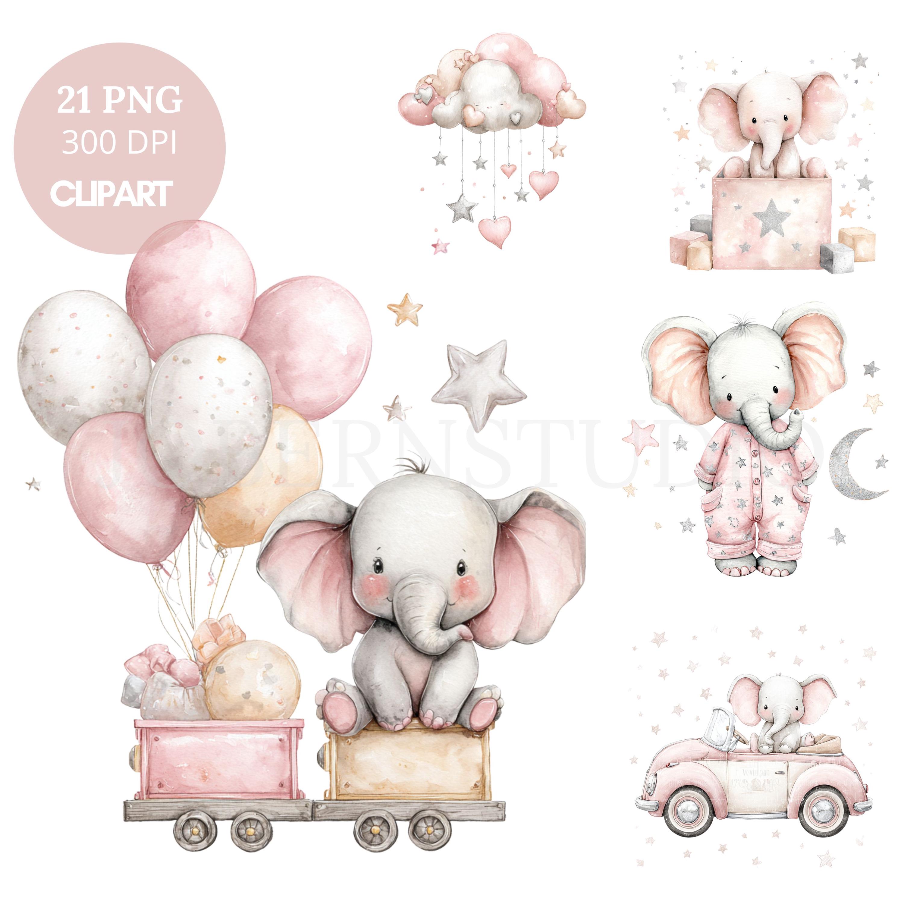 Pink Elephant Nursery Clipart PNG Bundle 21 High Quality| Watercolor ...