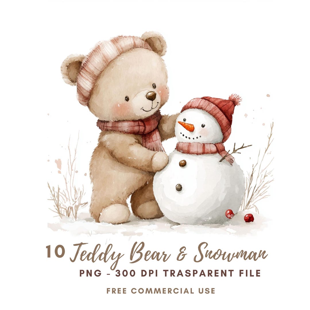 Christmas Teddy Bear & Snowman Clipart,watercolor 10 High Quality Png ...