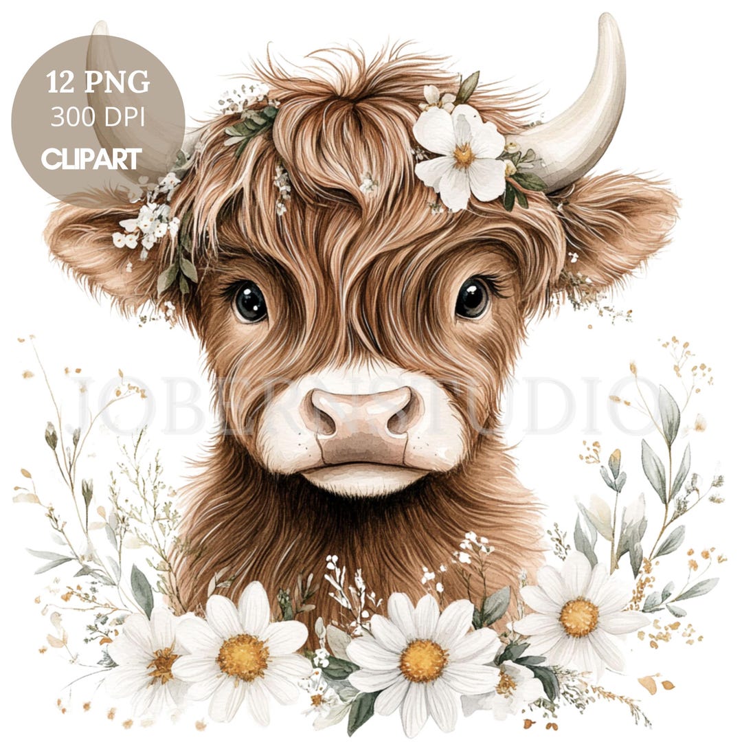 Flower Highlander Clipart PNG Bundle 12 High Quality,watercolor ...
