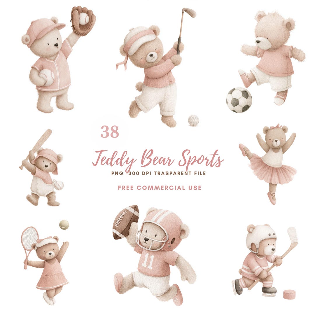 Teddy Bear Clipart Bundle 38 PNG, Pink Watercolor Nursery Sports Golf ...