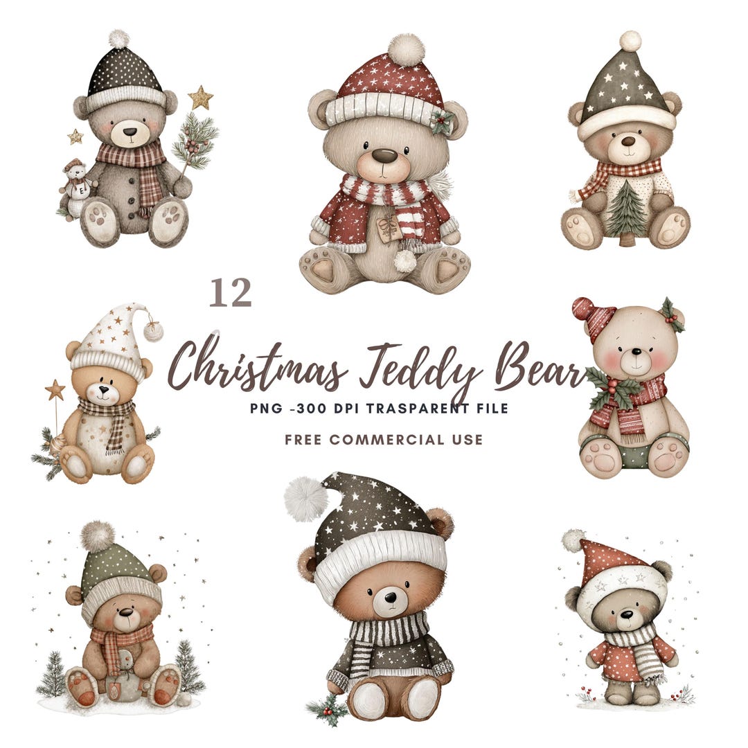 Christmas Teddy Bear Clipart, Watercolor 12 High Quality PNG, Winter ...