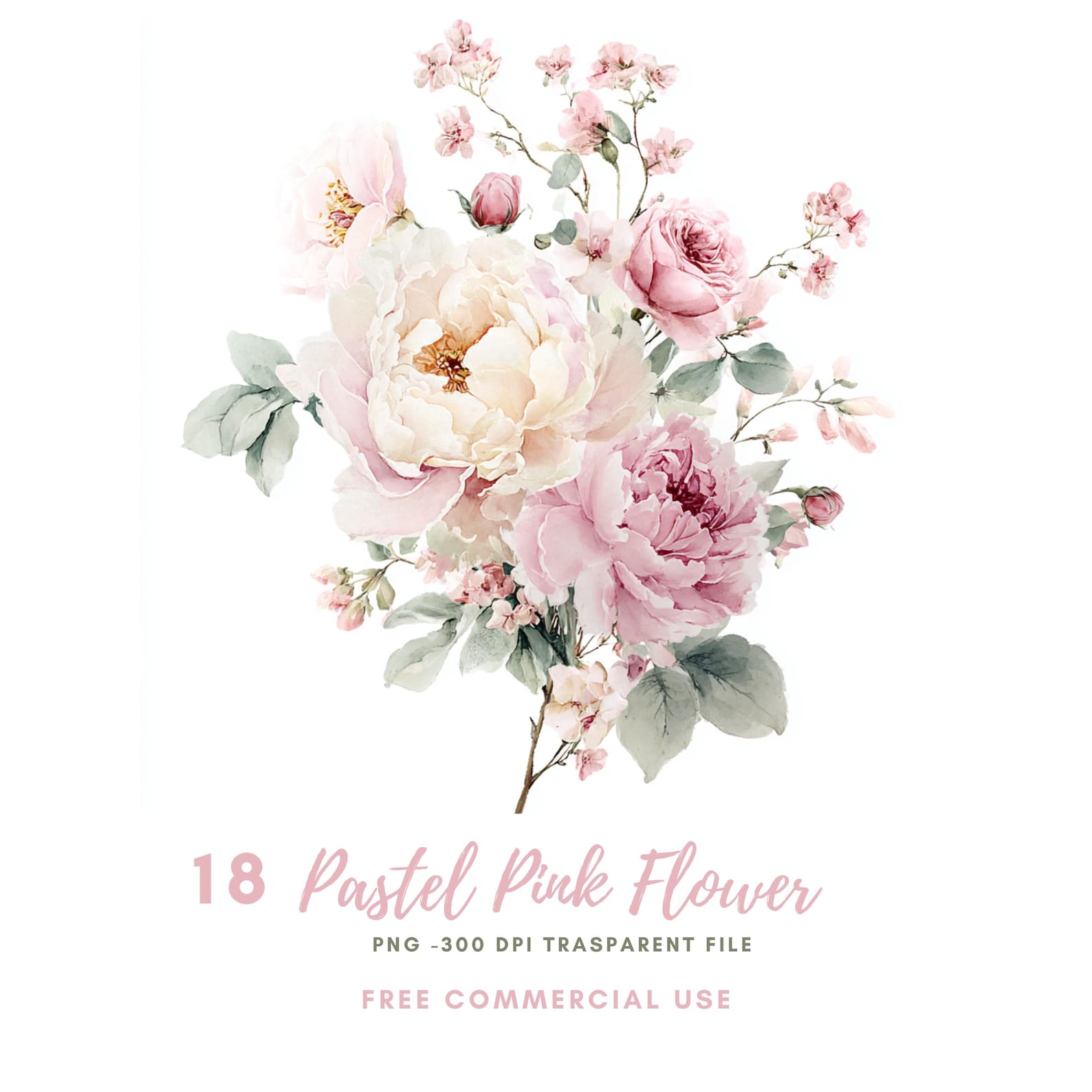 Pink Rose Peons Bouquet Clipart Bundle 18 High Quality PNG| Watercolor ...