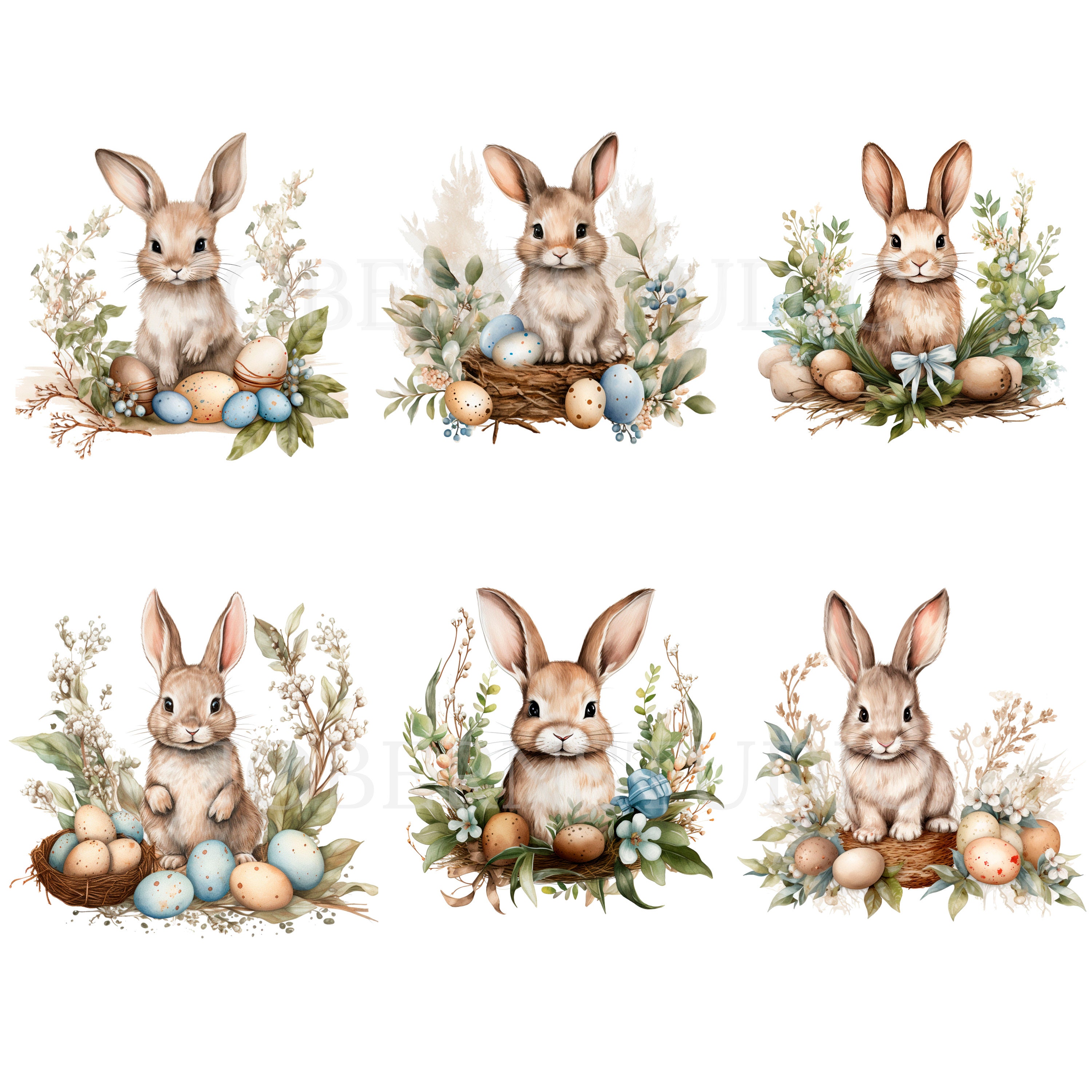 Easter Bunny Rustic Clipart PNG Bundle 15 High Quality JPG, Watercolor ...