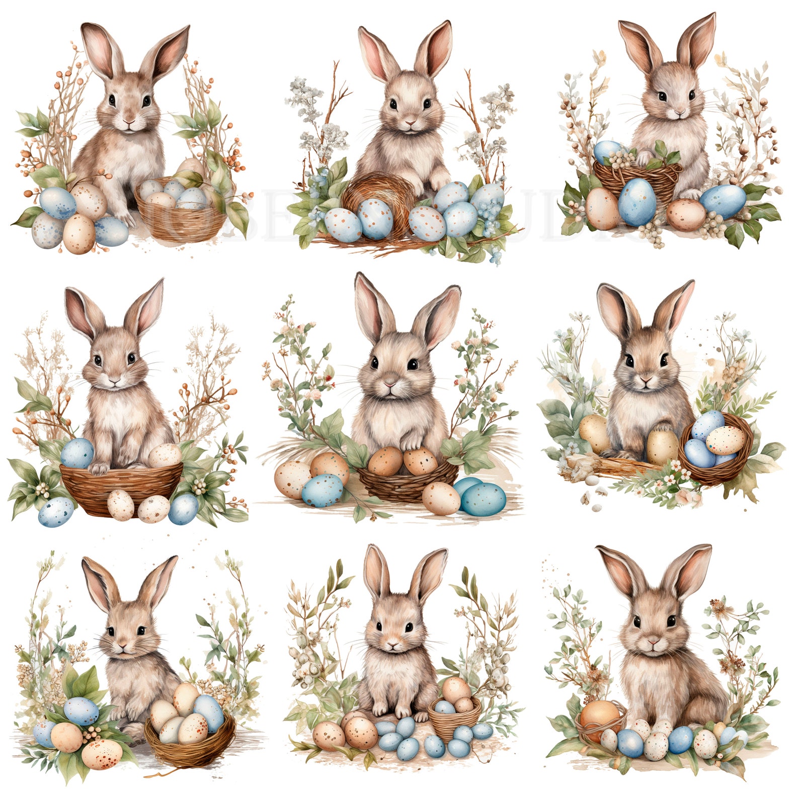 Easter Bunny Rustic Clipart PNG Bundle 15 High Quality JPG, Watercolor ...