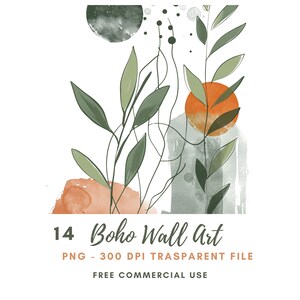 Boho Wall Art Clipart Bundle 14 High Quality PNG, Watercolor Green ...