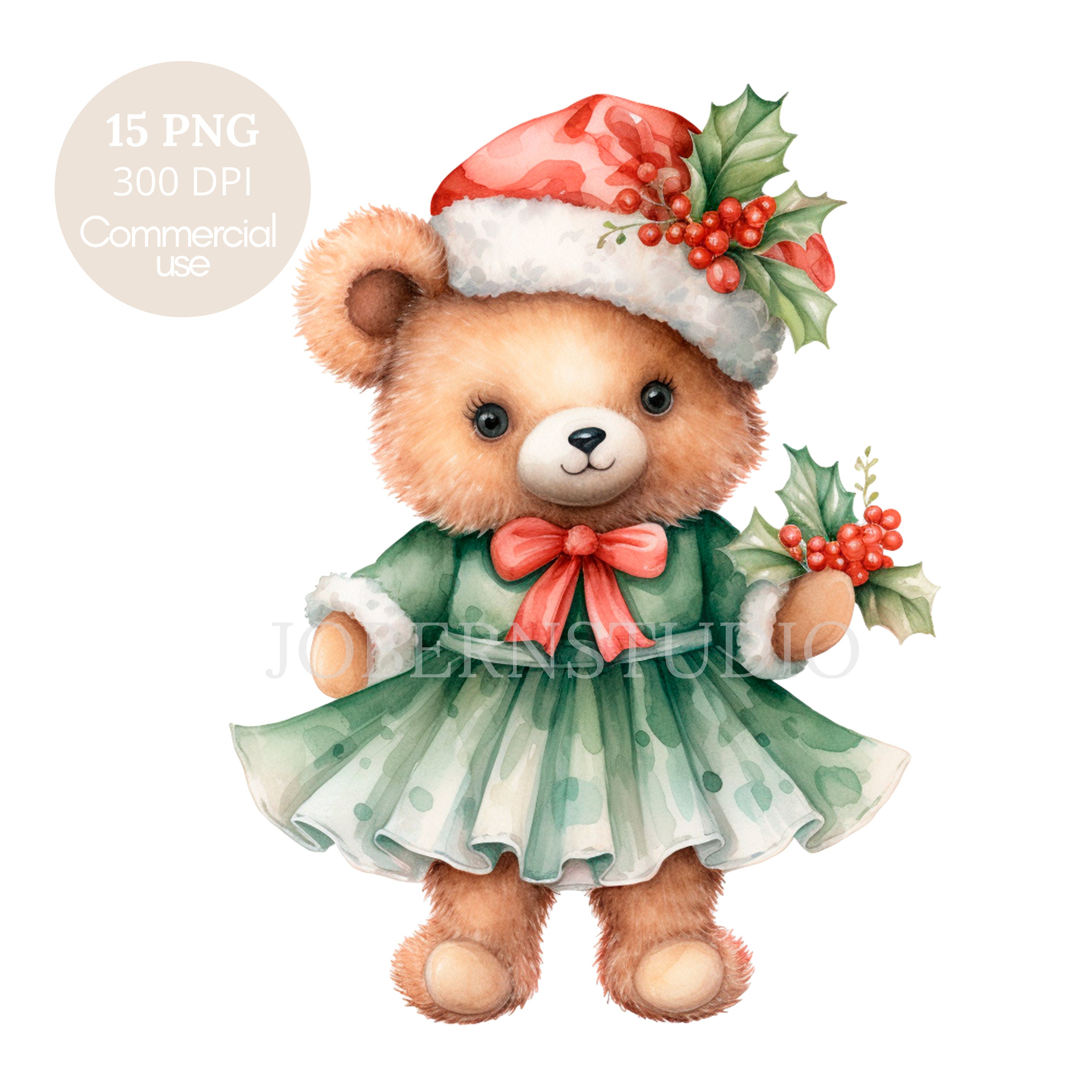Christmas Teddy Bear, Watercolor Clipart PNG,15 High Quality Jpgs ...