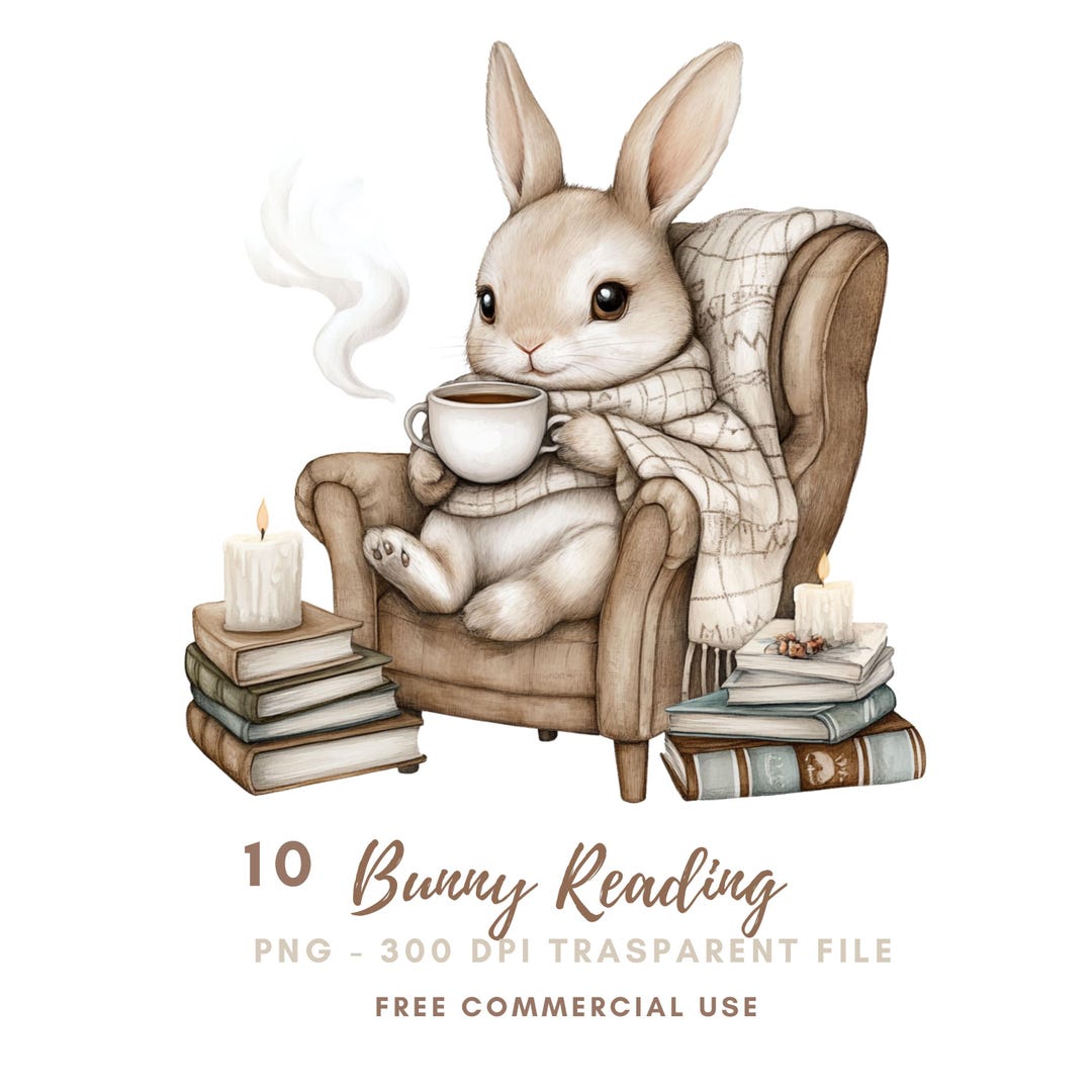 Bunny With Book Clipart PNG Bundle 10 High Quality, Watercolor Rabbit ...