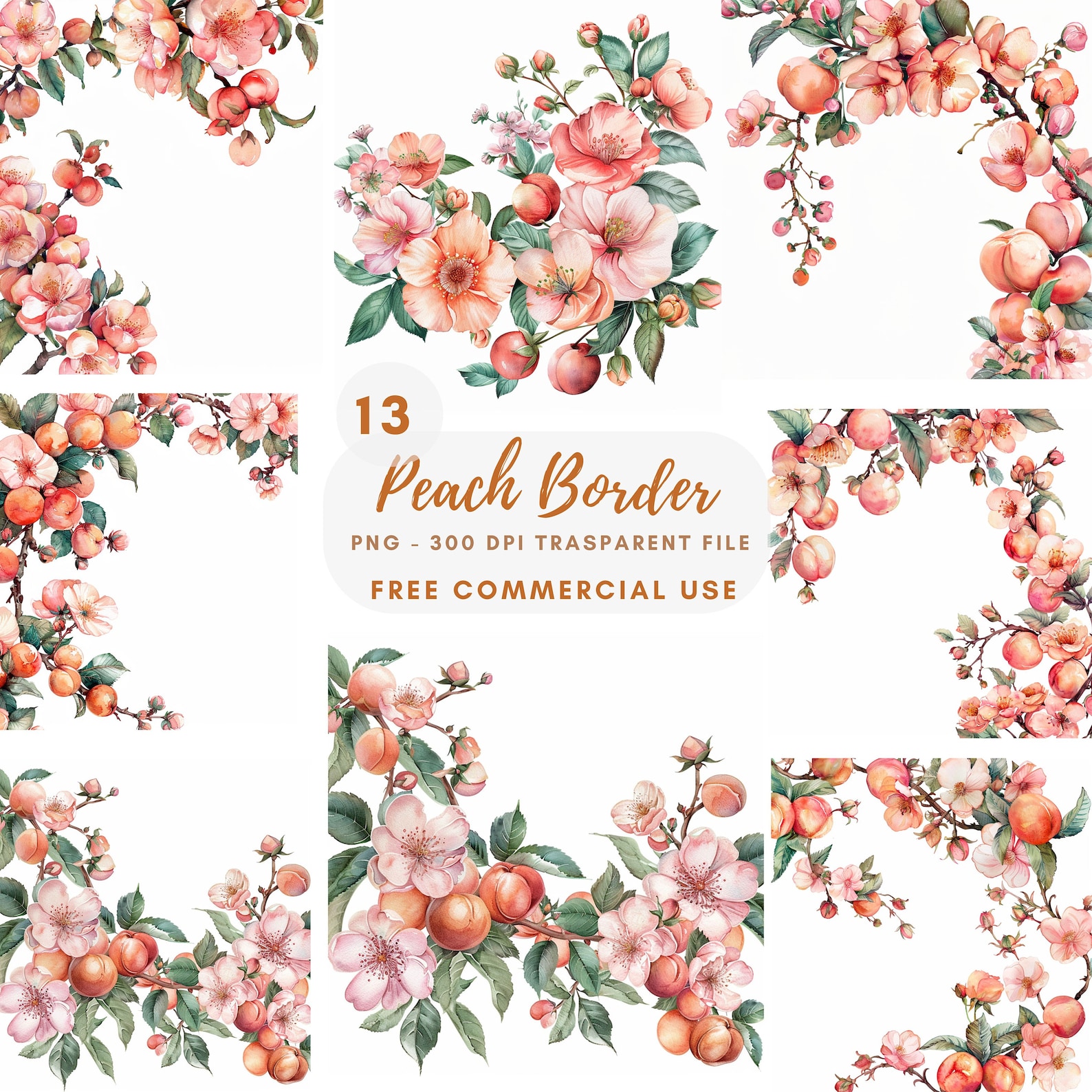 Peach Flower Garland Clipart Bundle 13 High Quality Png,watercolor ...