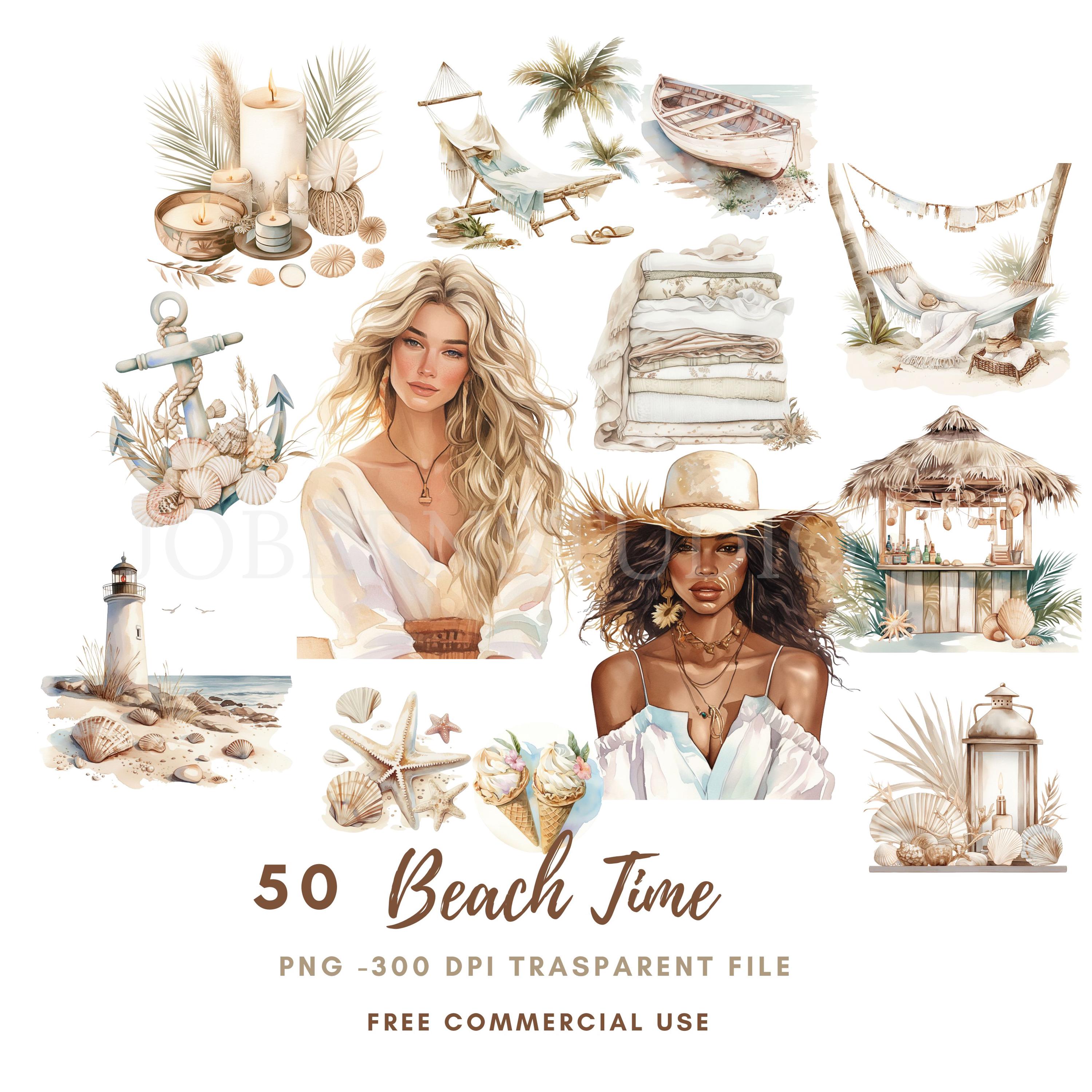 Watercolor Beach Relaxing Time Clipart PNG | Bundle 50 High Quality ...