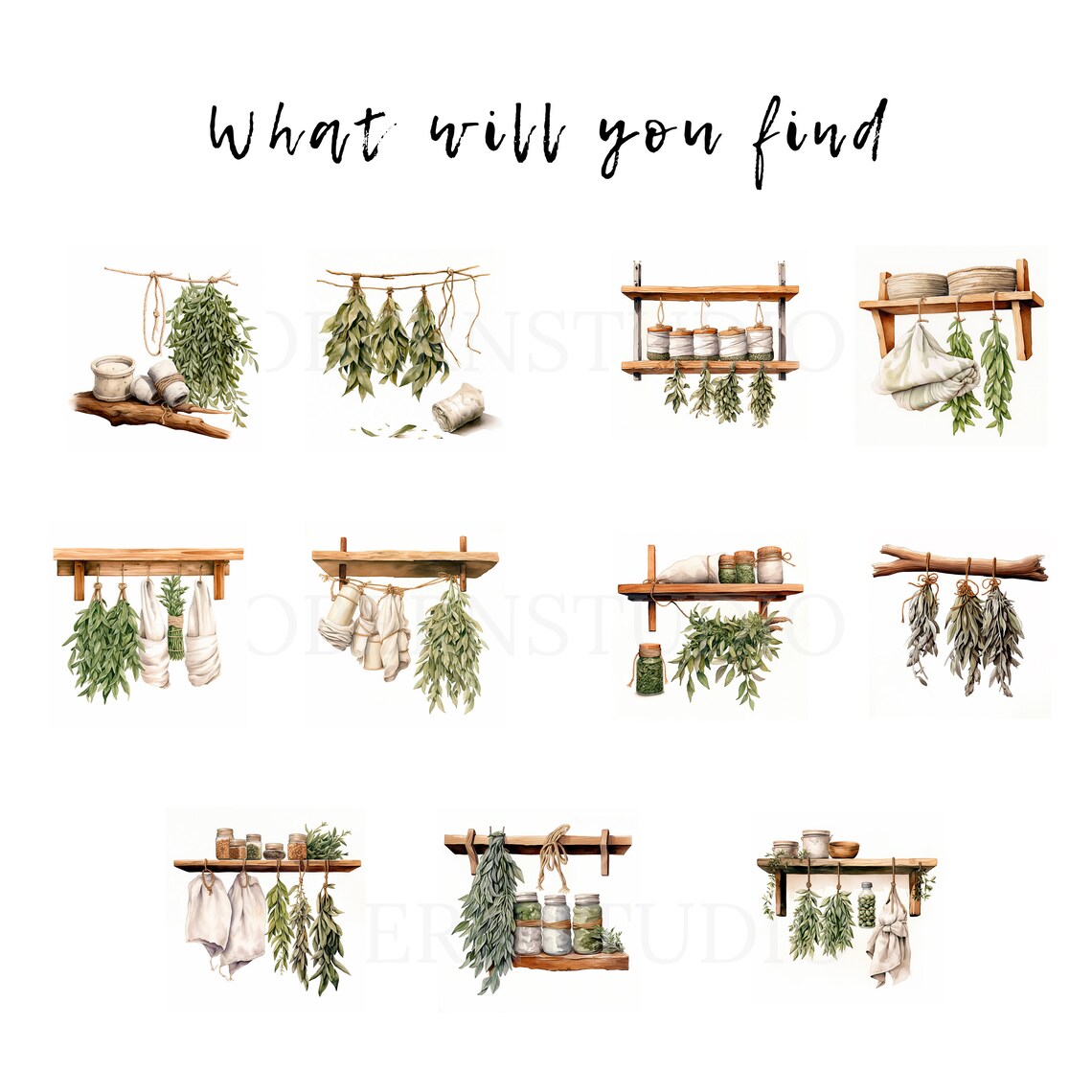 Herbs Cottage Clipart Bundle 11 High Quality PNG, Watercolor Rustic ...