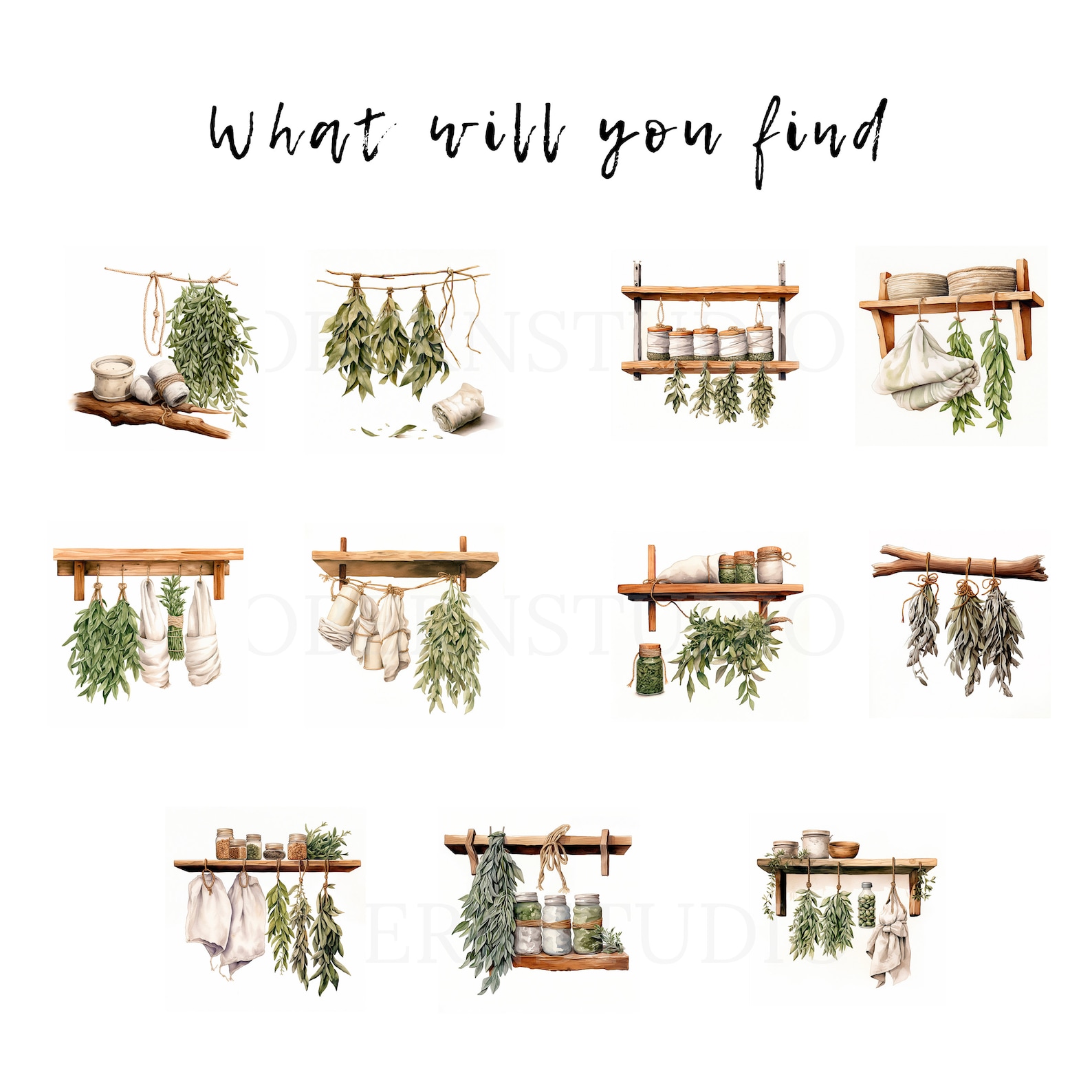 Herbs Cottage Clipart Bundle 11 High Quality PNG, Watercolor Rustic ...