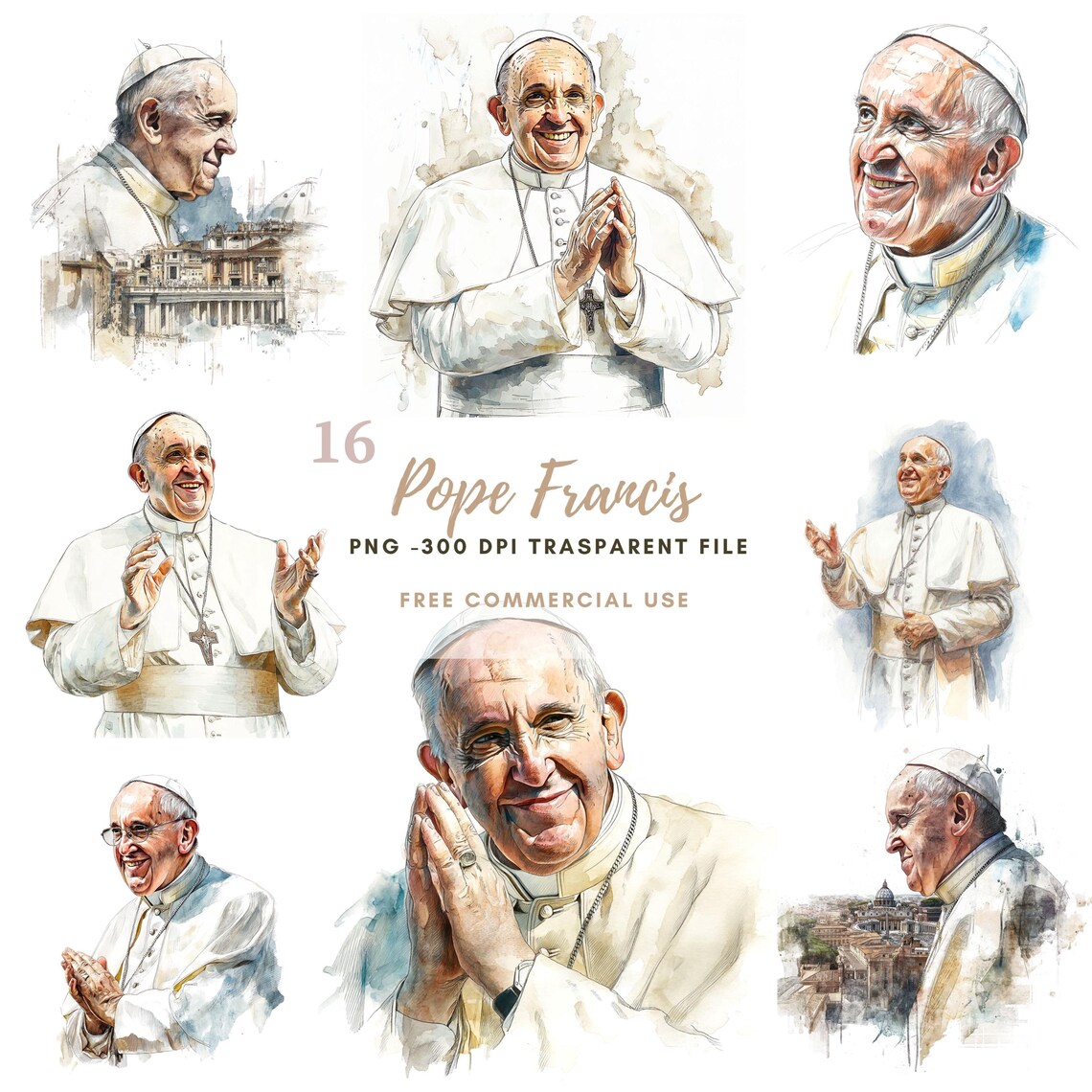 Pope Francis Clipart Bundle 16 High Quality Png,watercolor Holy Father ...